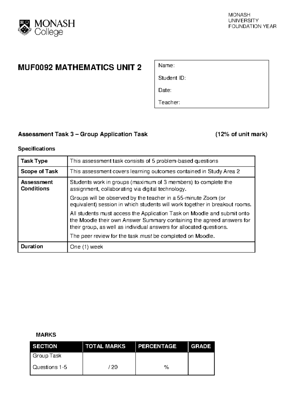 MUF0092 Task 3 Application Task Group Sem 1 2021.pdf - MUF0092 ...