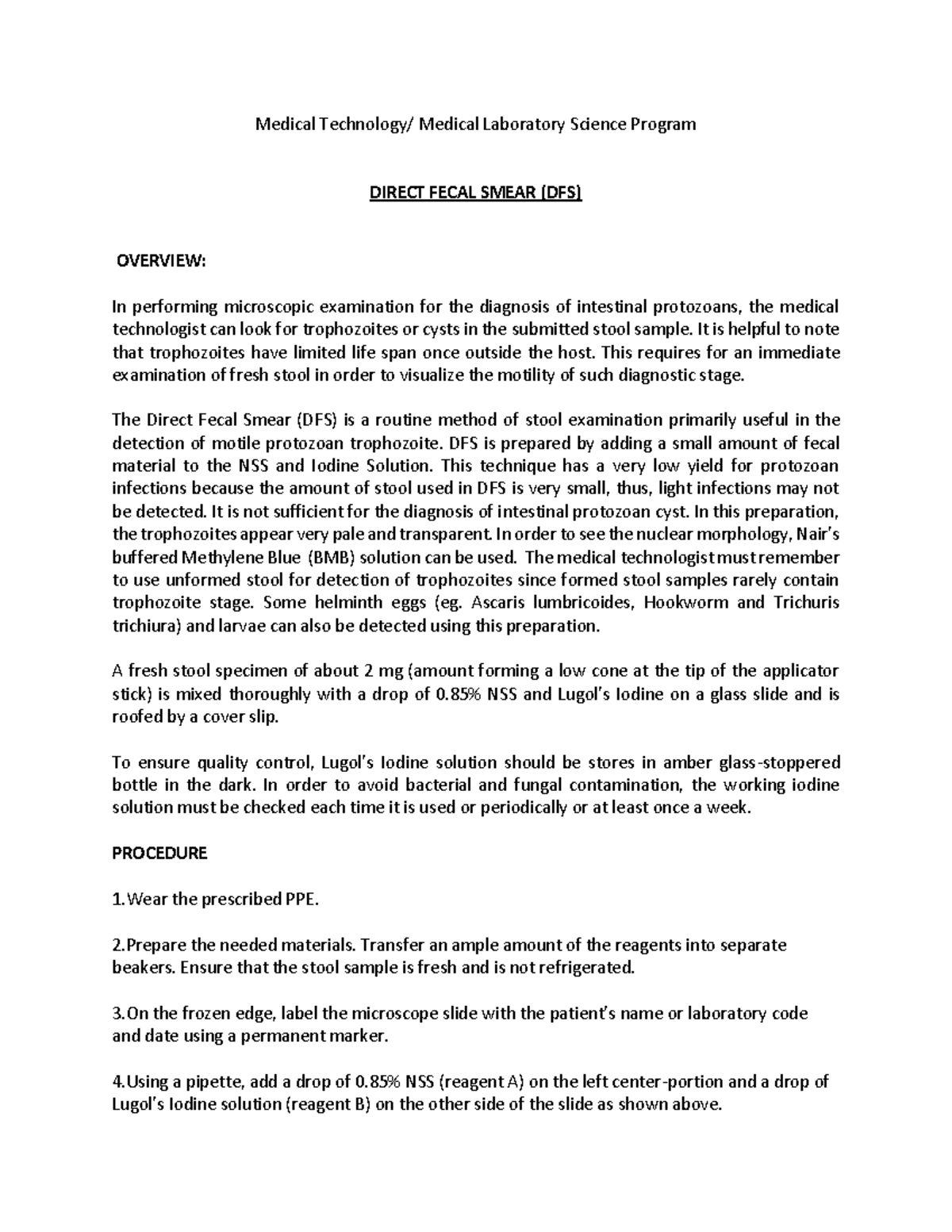 DFS - Dfs - Medical Technology/ Medical Laboratory Science Program ...