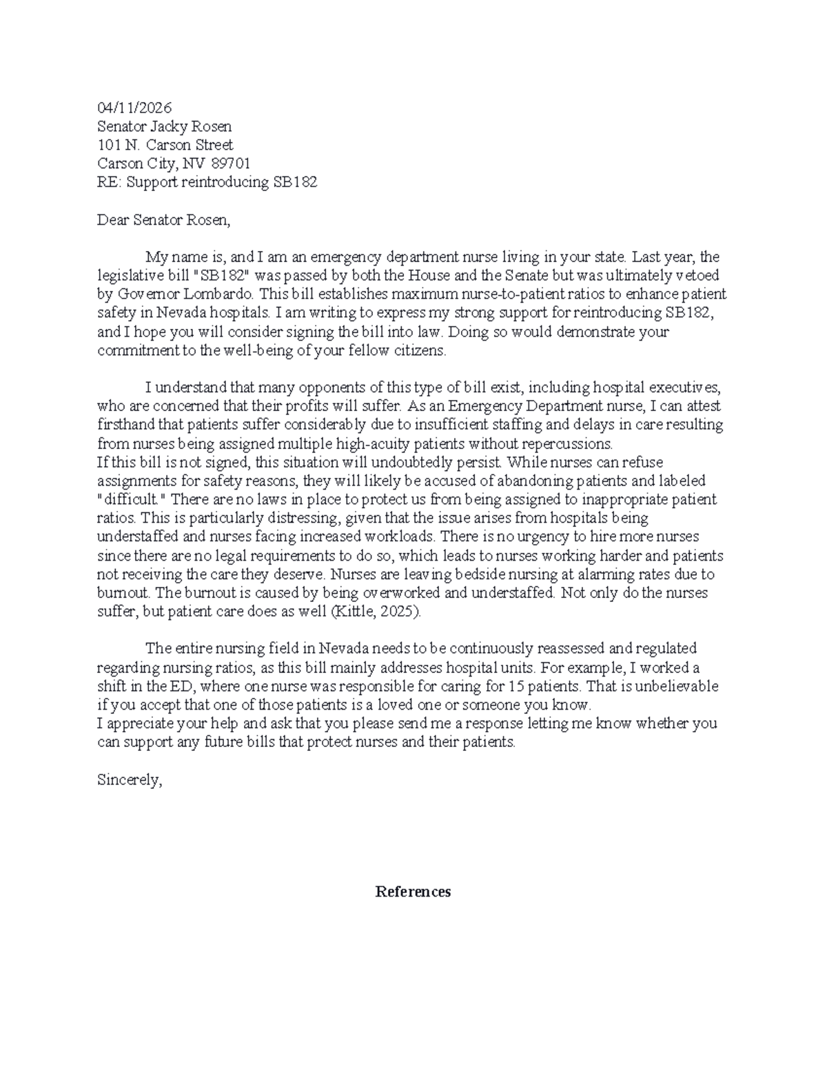 Support for Reintroducing SB182: A Letter to Senator Rosen - Studocu