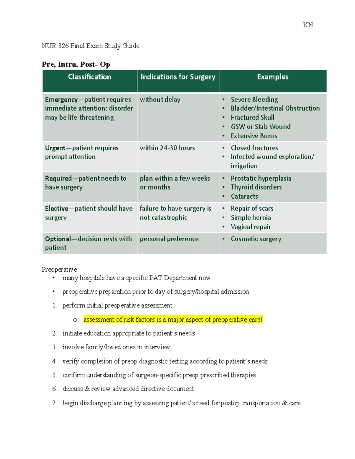 NUR 326 Final Exam Study Guide: Pre, Intra, & Postoperative Care - Studocu