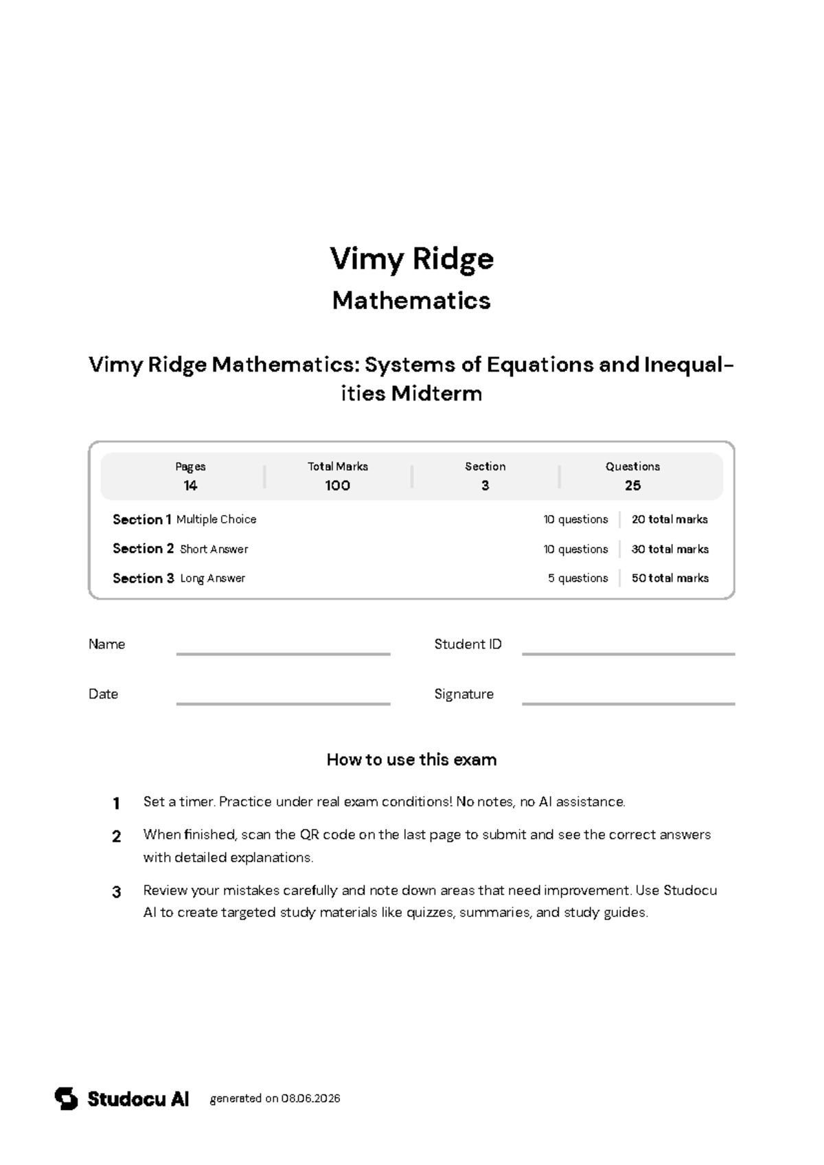 Vimy Ridge Math: Systems of Equations Midterm - Studocu