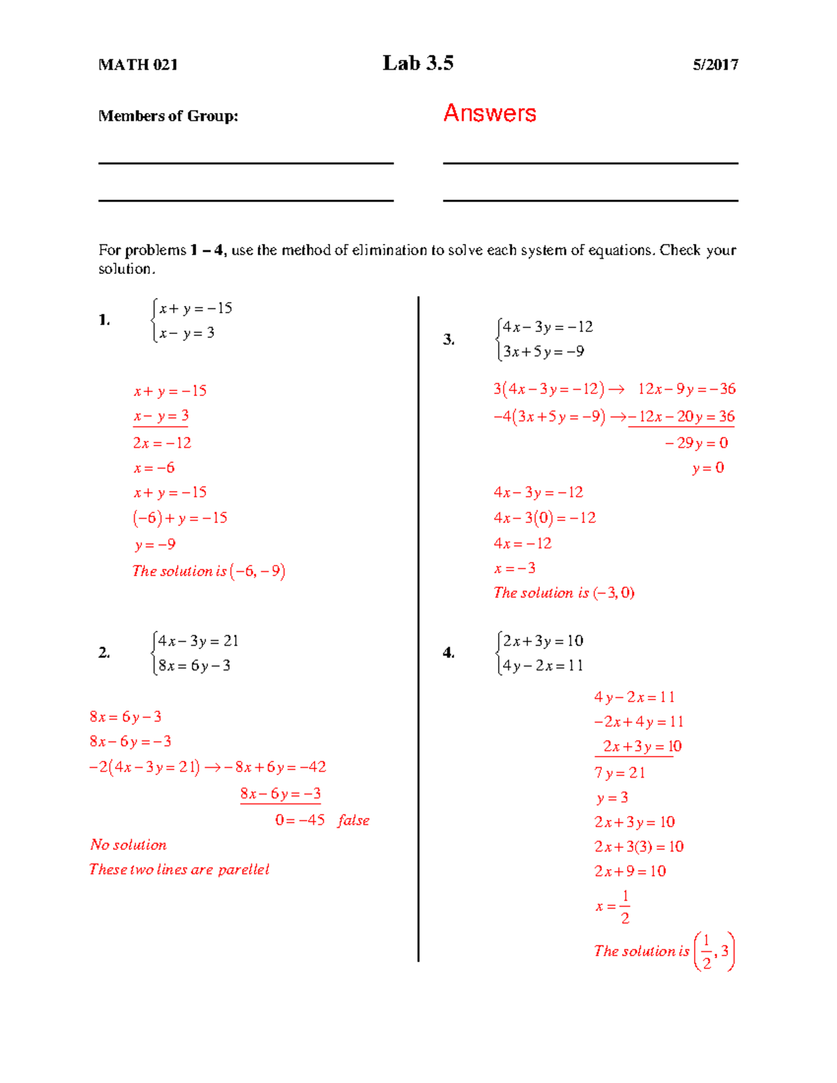 MATH 021 Lab 3.5 Answer Key: Elimination Method Solutions - Studocu