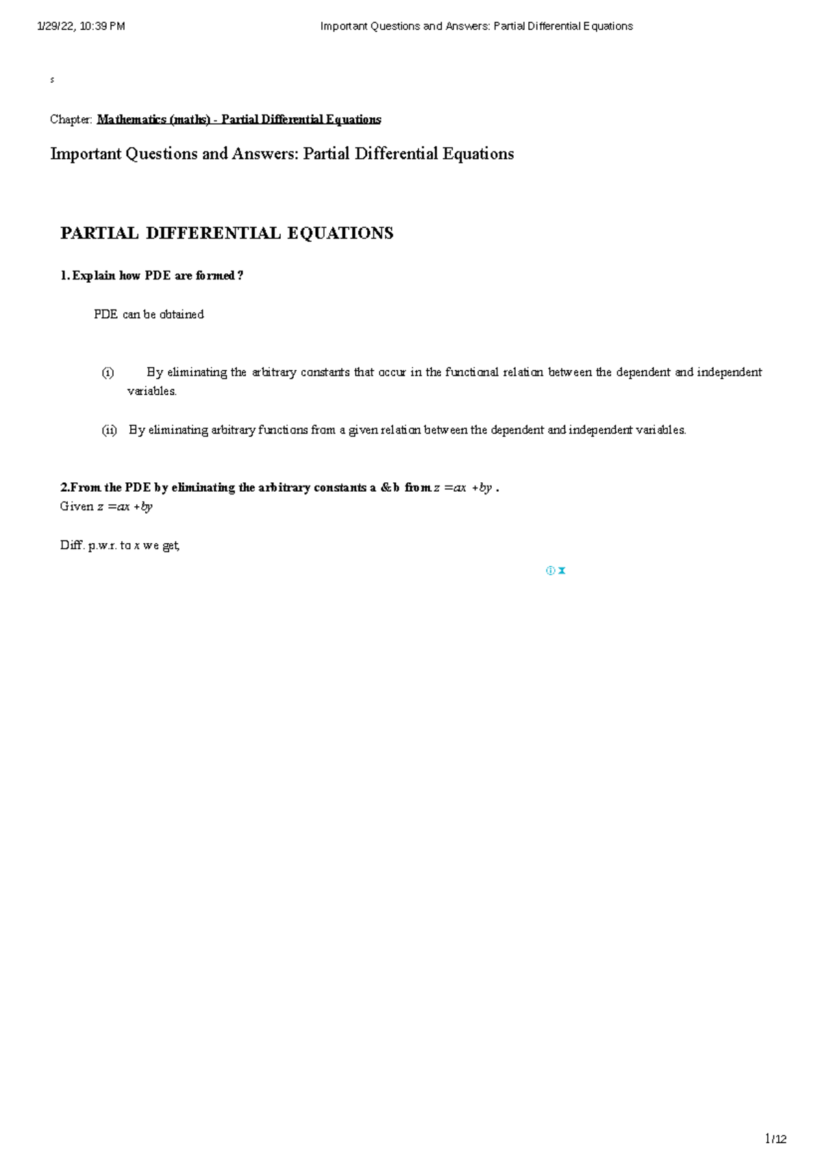 Important Questions And Answers Partial Differential Equations Ii By Eliminating Arbitrary