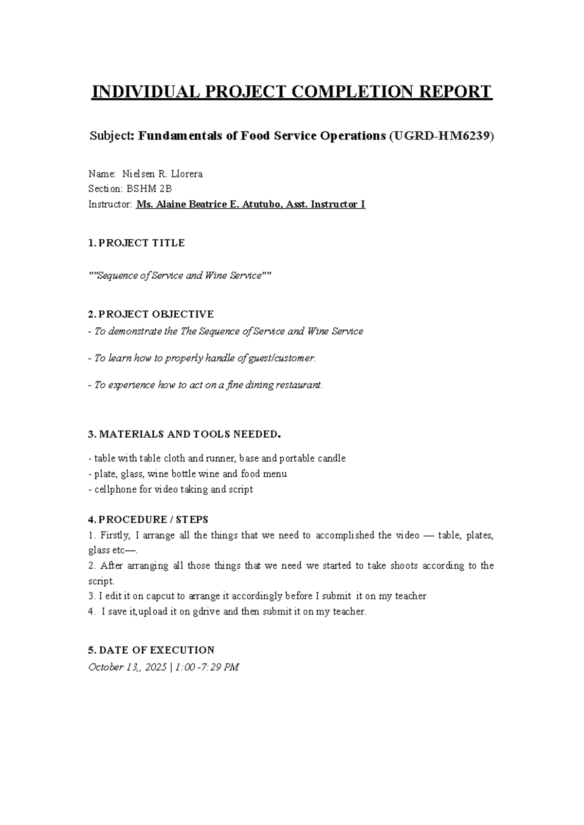 BSHM 2B Individual Project: Sequence of Table Service & Wine - Studocu