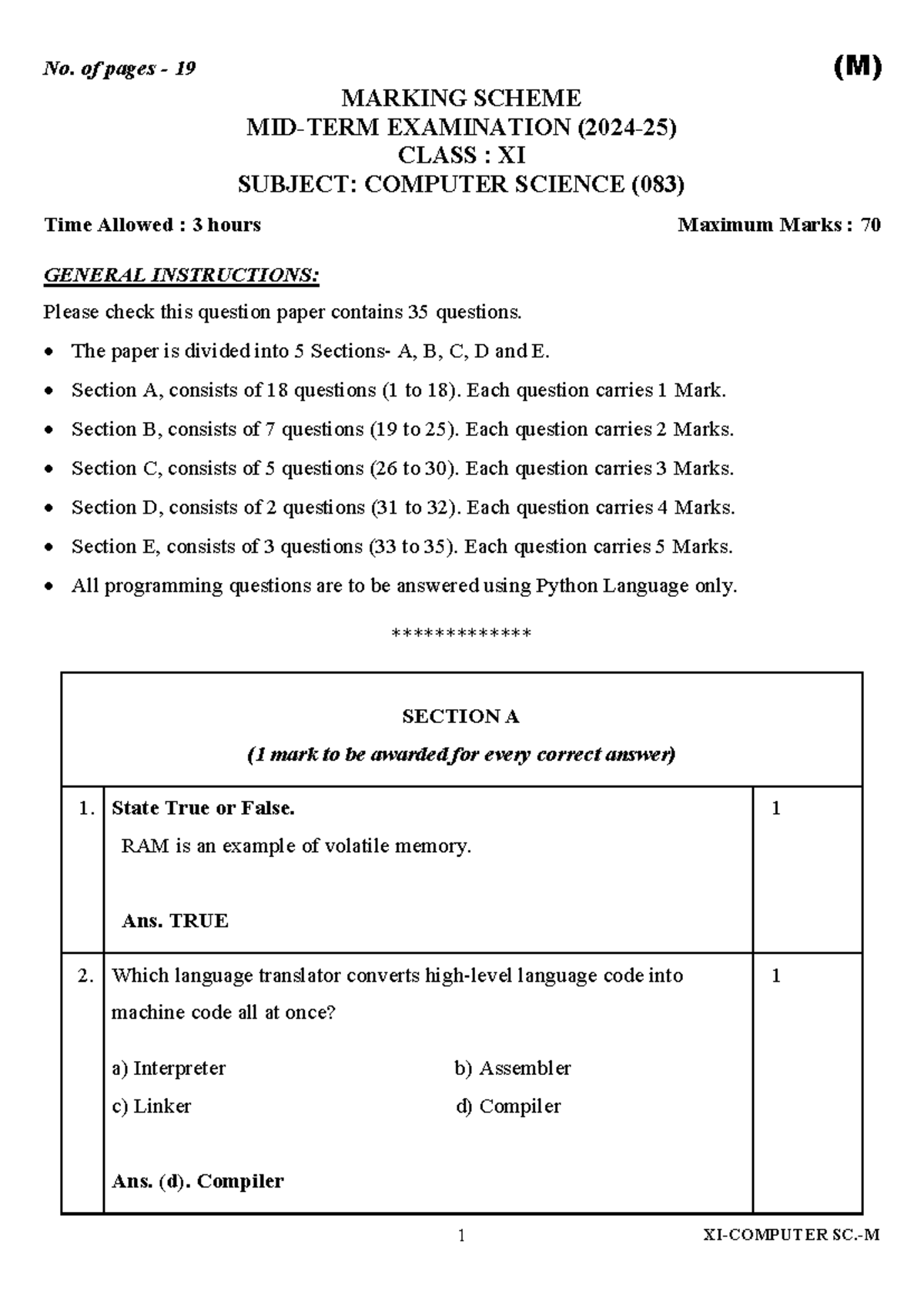 Marking Scheme for XI Computer Science Exam (083) - Studocu