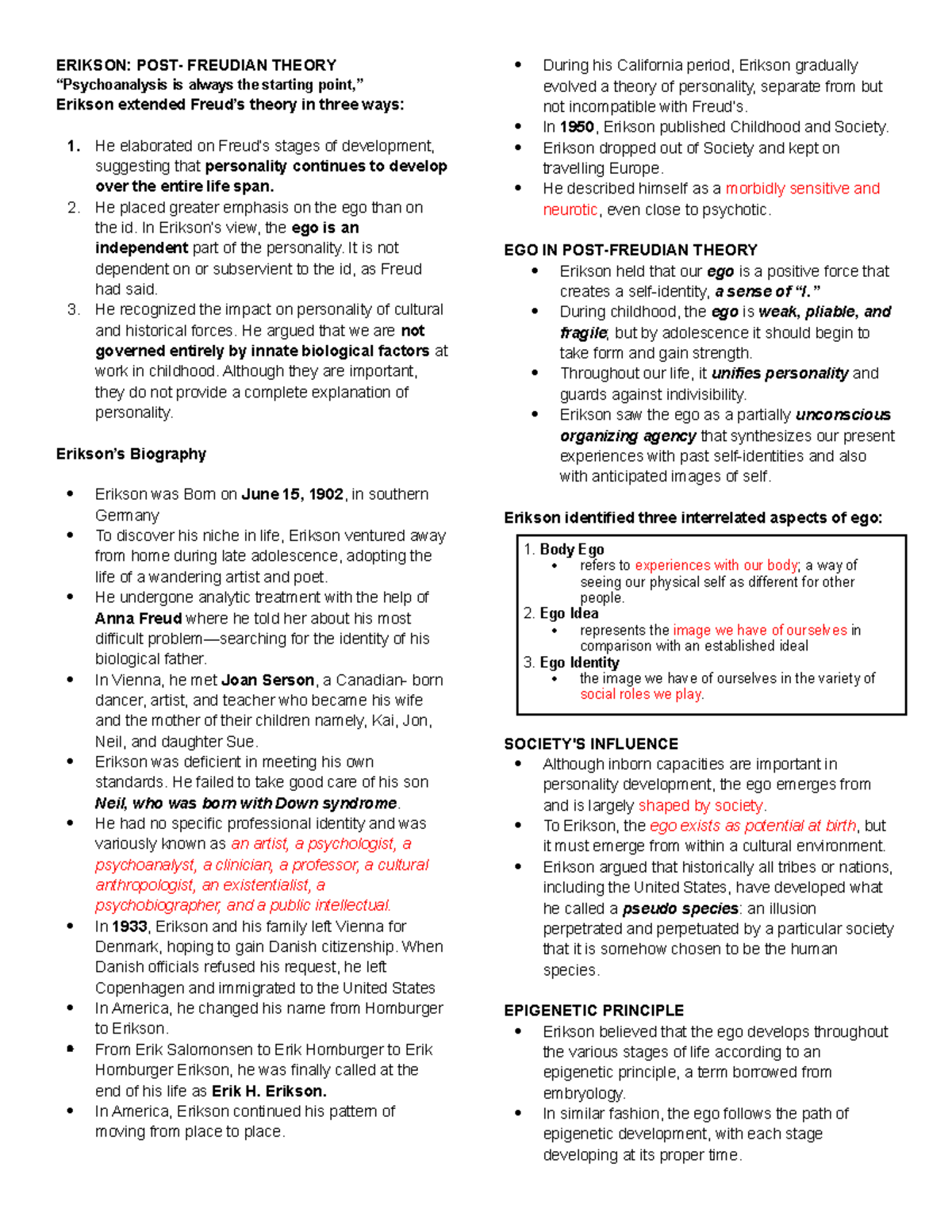 Erikson's Post-Freudian Theory: A Comprehensive Overview - Studocu