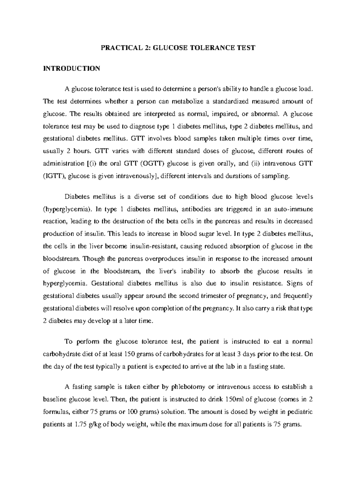 Glucose Tolerance Test (GTT) - Comprehensive Lab Manual - Studocu