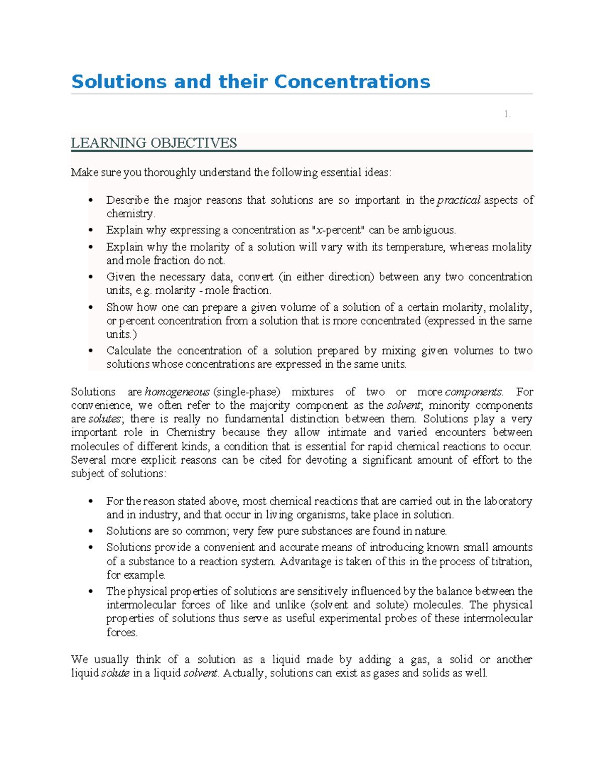 Solutions and their Concentrations: Lecture Notes on Key Concepts - Studocu