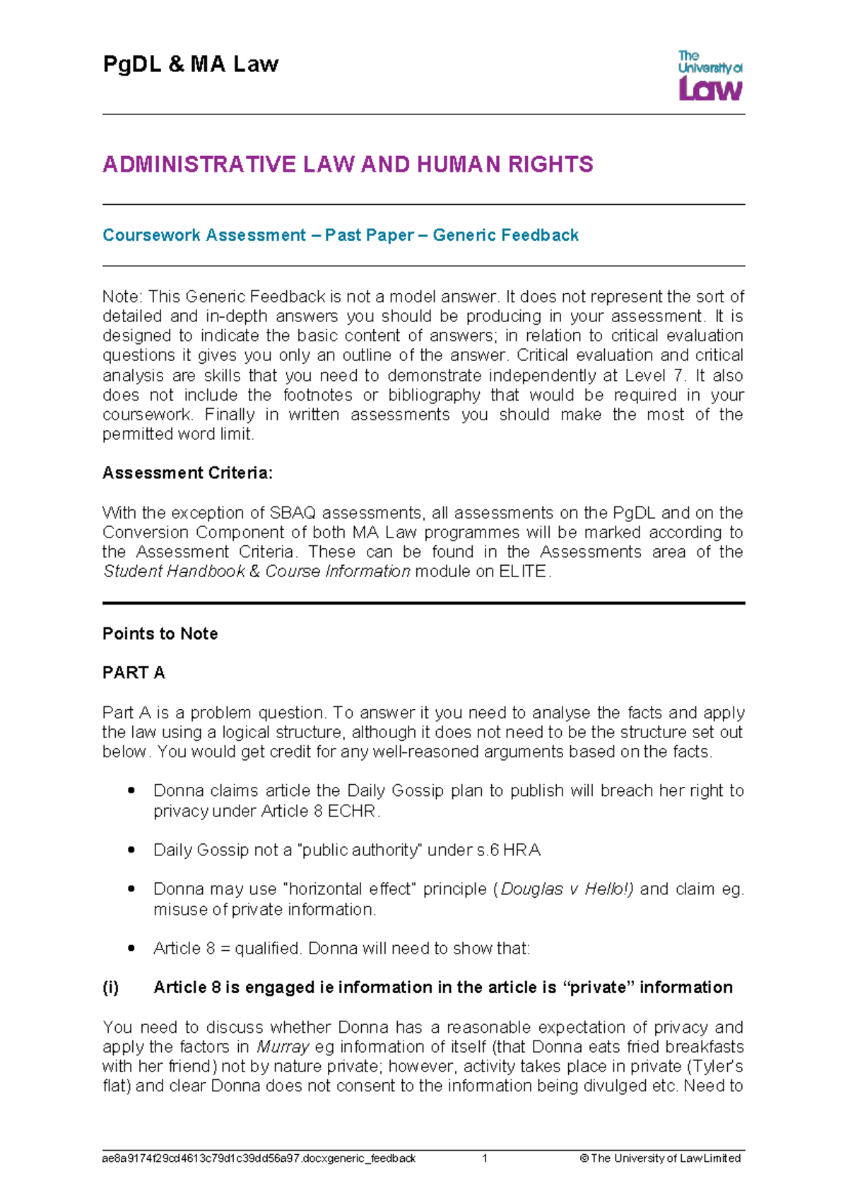 PgDL MA Law ADMINISTRATIVE LAW & HUMAN RIGHTS CE01 Past Paper Feedback ...