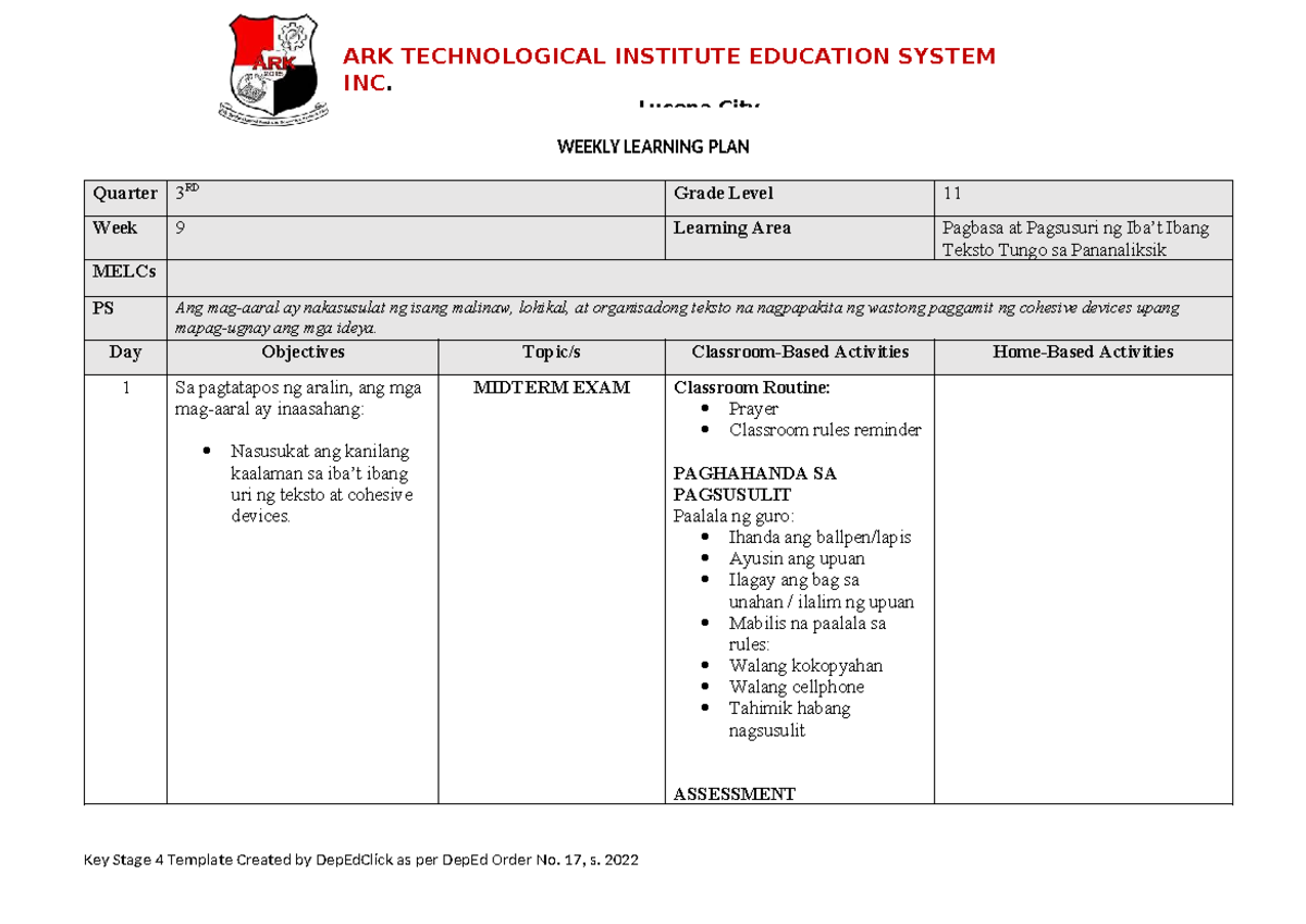 ARK TECH INSTITUTE WEEKLY LEARNING PLAN: Pagbasa at Pagsusuri 9 - Studocu