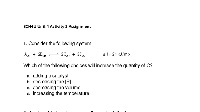 SCH4U Unit 4 Activity 1: Equilibrium and Reaction Dynamics - Studocu