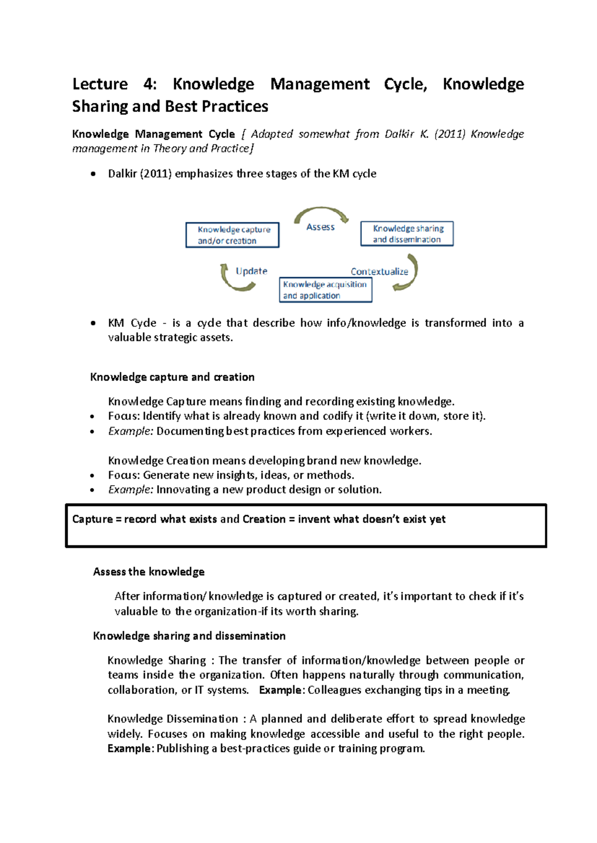 Lecture 4: Knowledge Management Cycle & Best Practices (KM) - Studocu