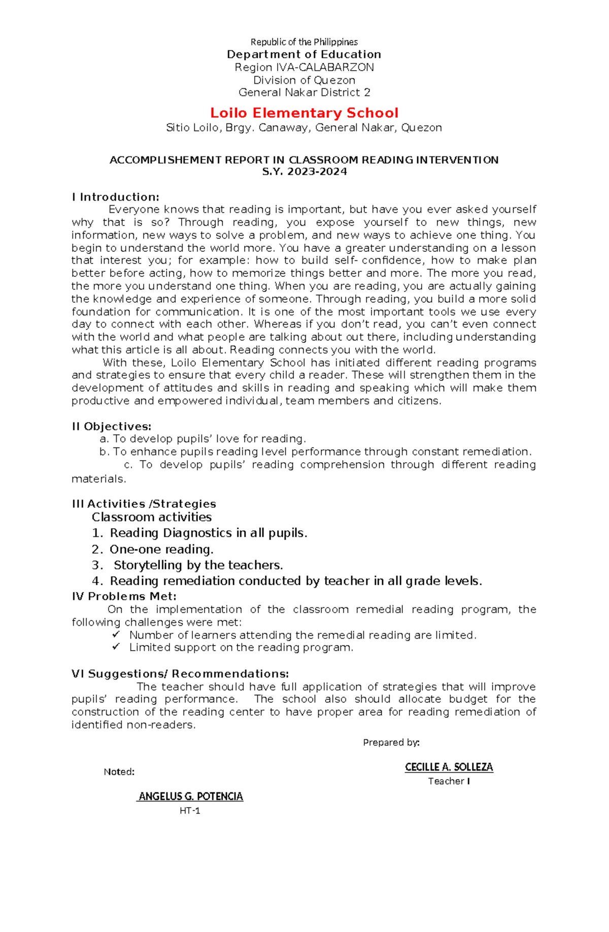 582763023 Accomplishment Report on Classroom Reading Interventions ...