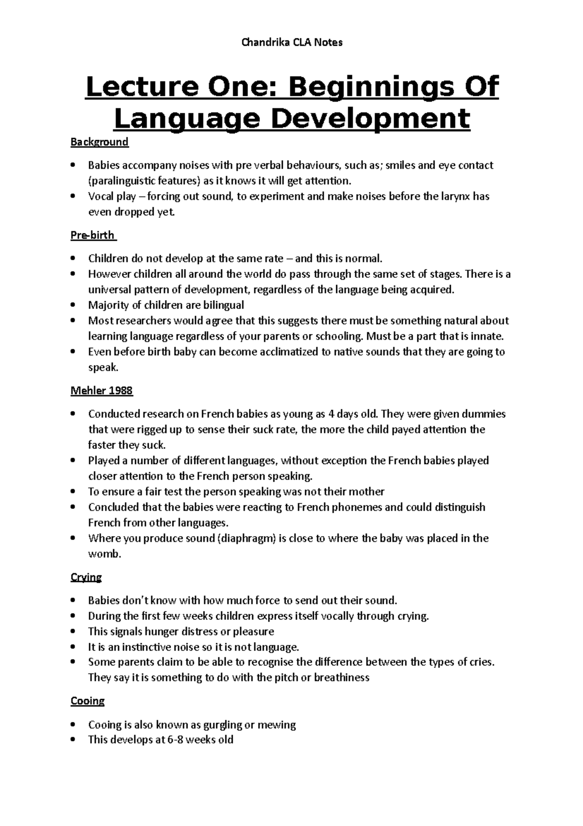 Child Language Acquisition (CLA) Lecture Notes: Development Stages ...