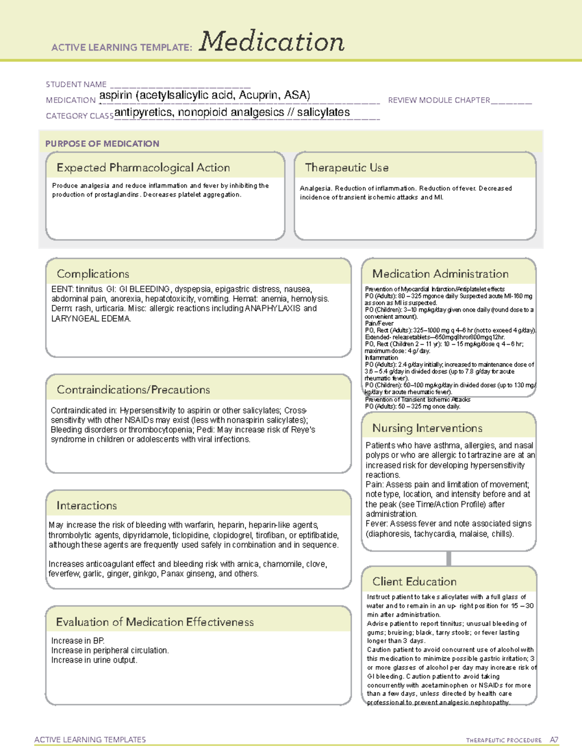 Active Learning Template: Medication Therapeutic Procedure A - Studocu
