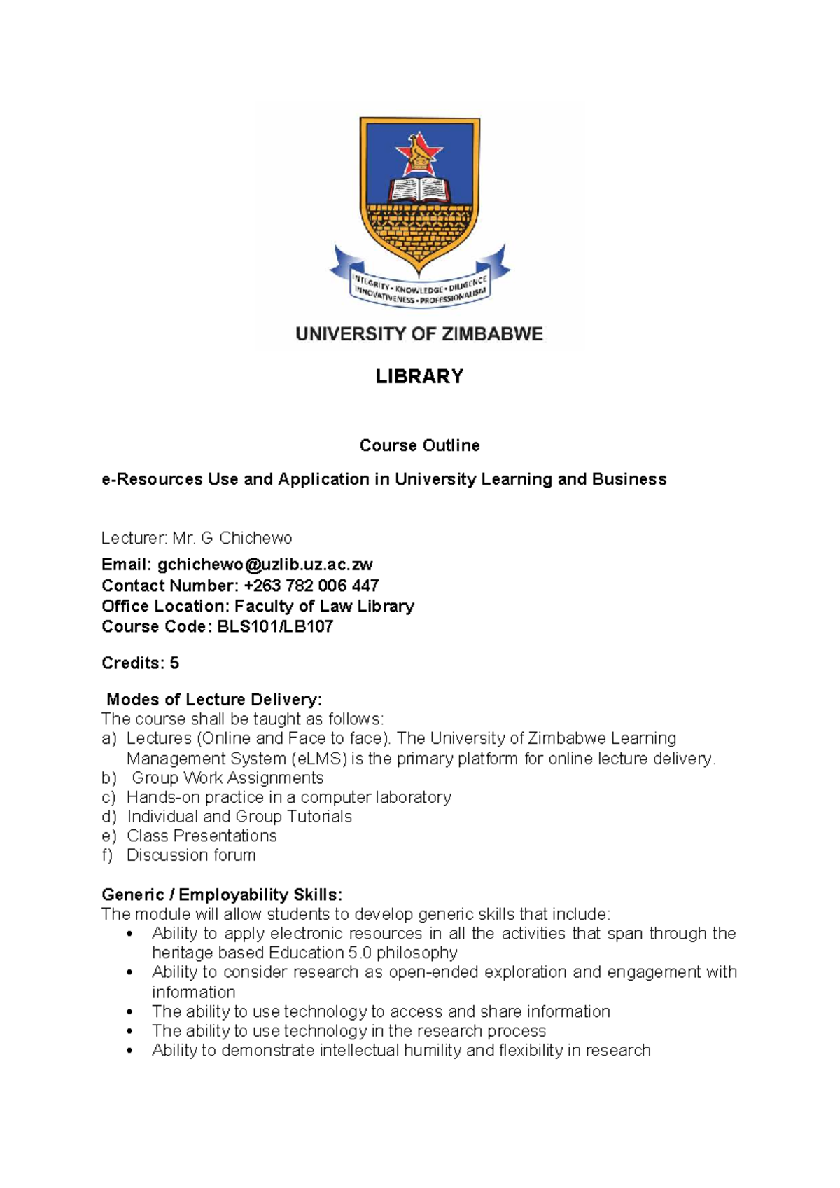 LIBRARY Course Outline: e-Resources in University Learning & Business - Studocu