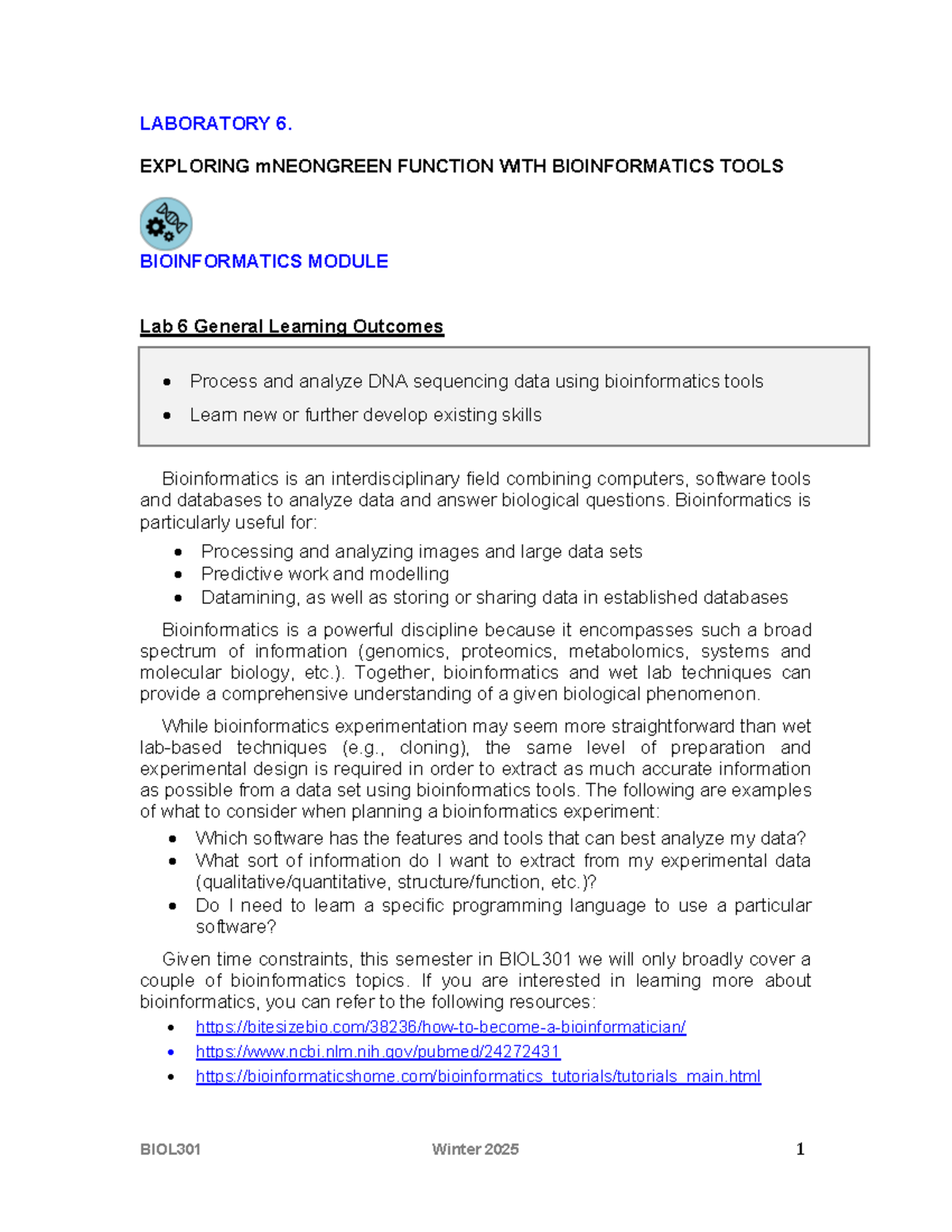 BIOL301 Lab 6 Manual: mNeonGreen Function Exploration W2025 - Studocu