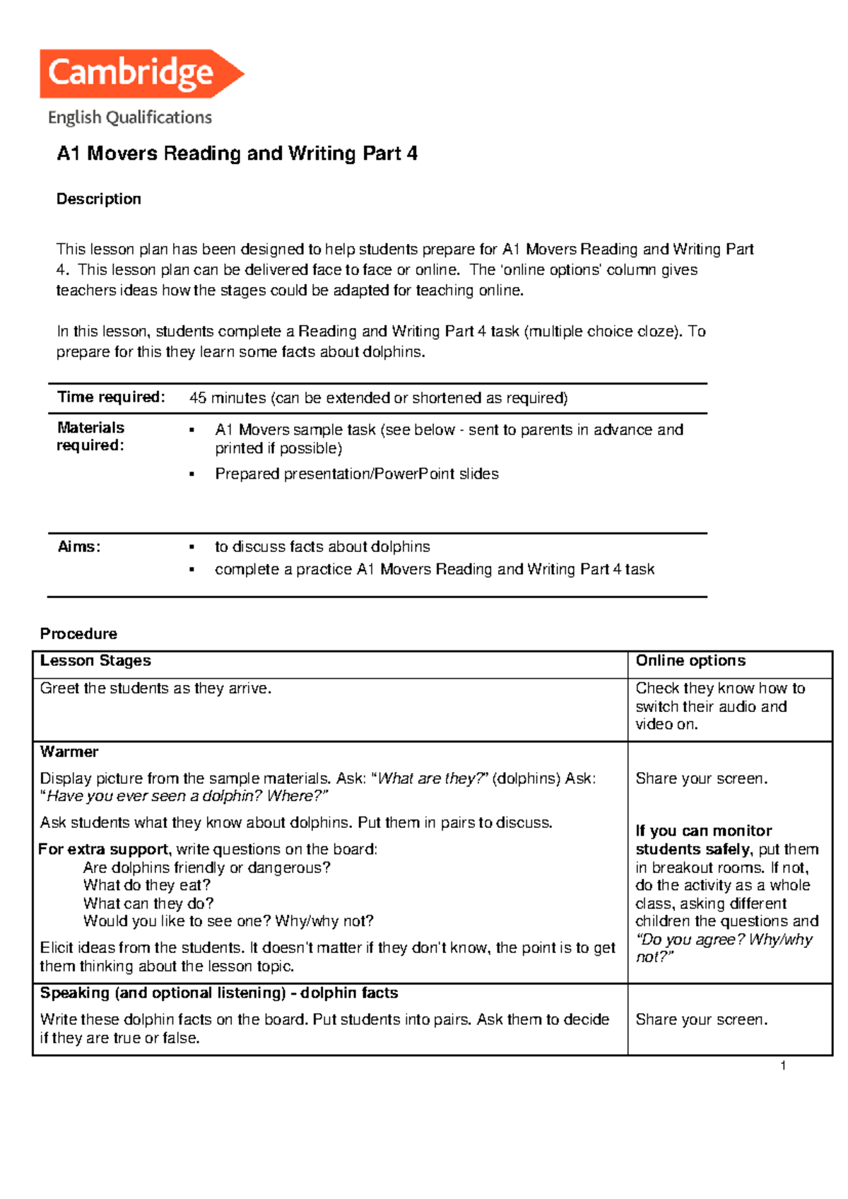 A1 Movers Reading and Writing Part 4 - This lesson plan can be ...