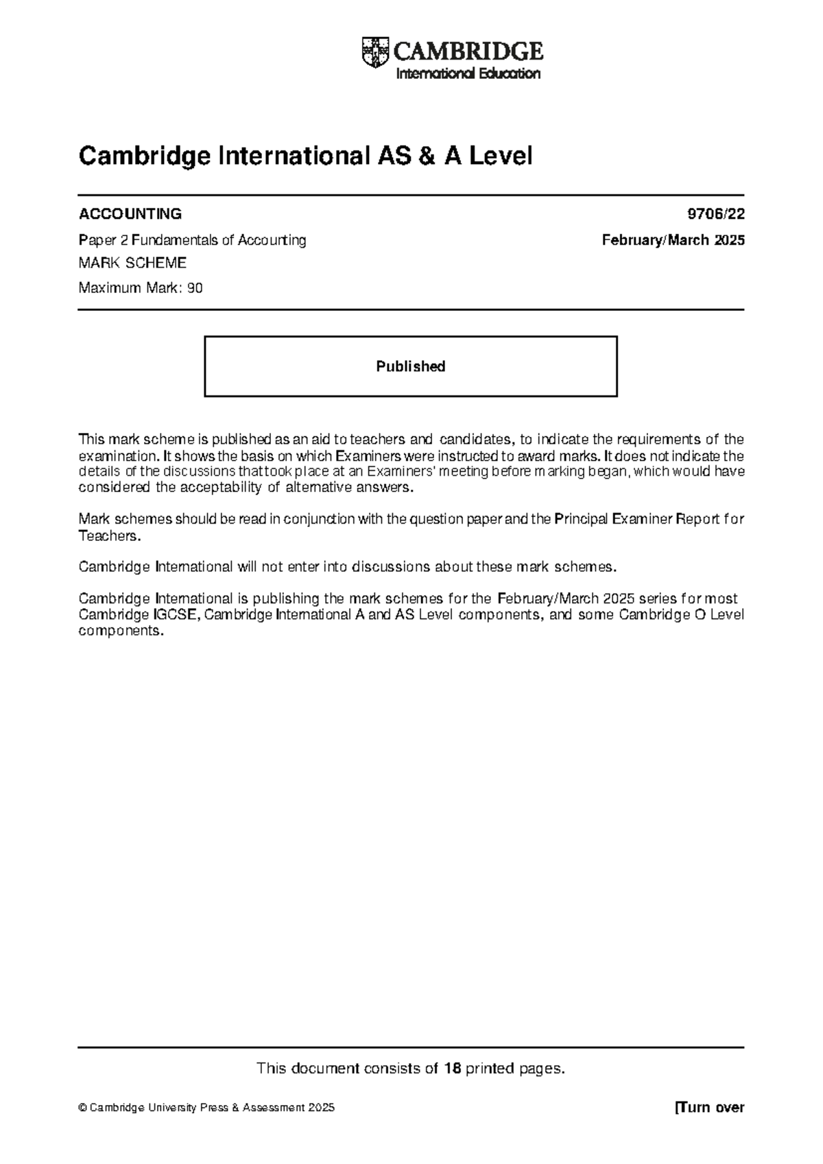 Cambridge International AS A Level Accounting 9706/02 Mark Scheme 2025 ...