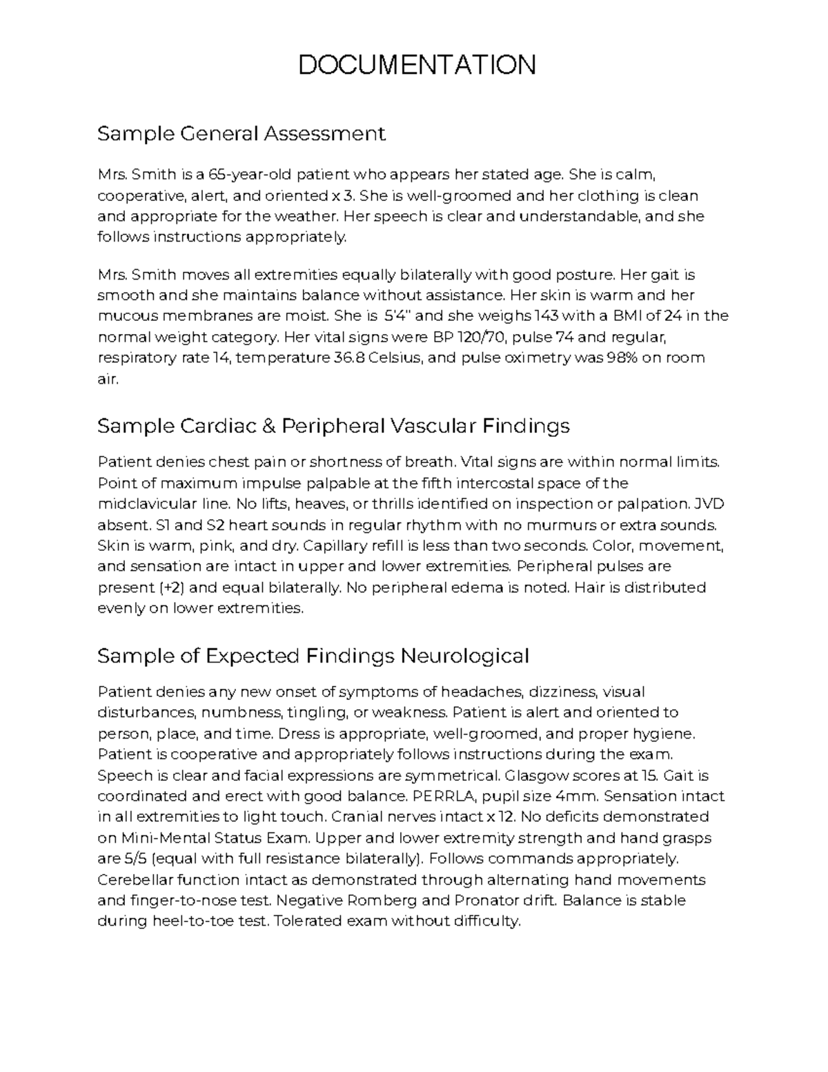 Physical Assessment Documentation Notes for Nursing 101 - Studocu