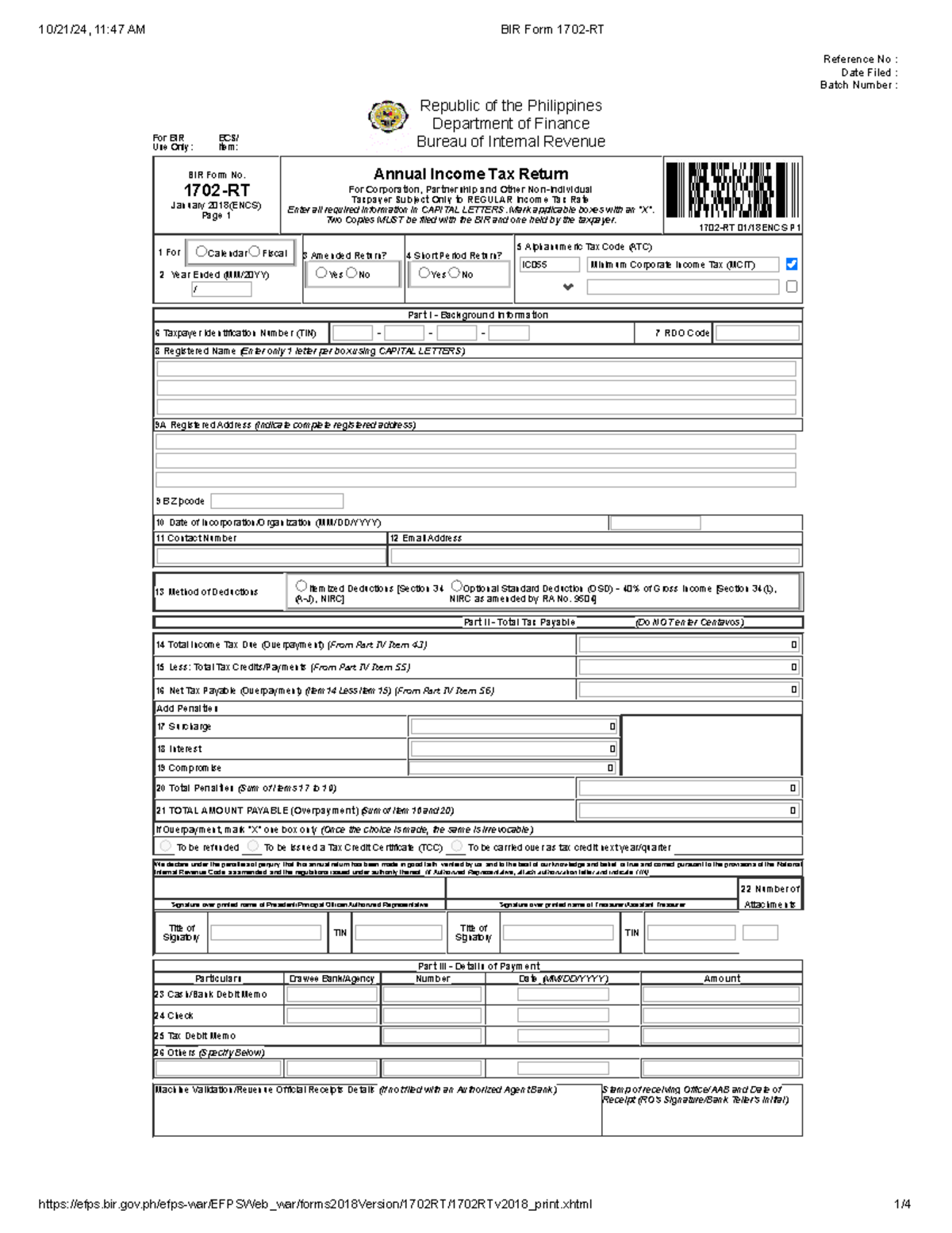 BIR Form 1702-RT: Annual Income Tax Return for Corporations (Jan 2018 ...
