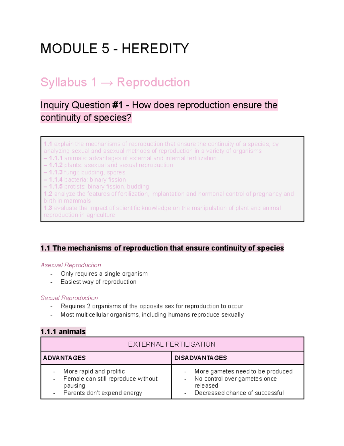 Biology Study Notes: Module 5 - Heredity and Reproduction Mechanisms ...