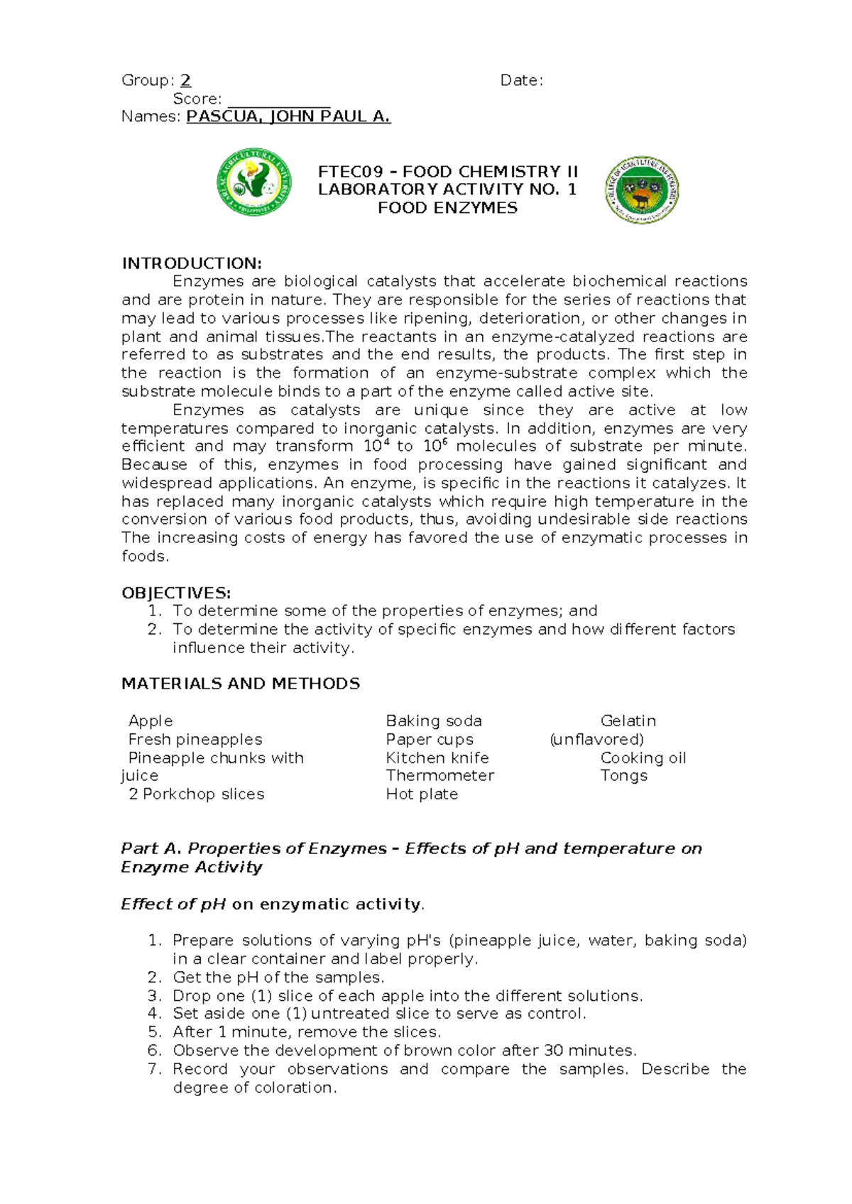 FTEC09 Food Chemistry II Lab Activity 1: Exploring Food Enzymes - Studocu