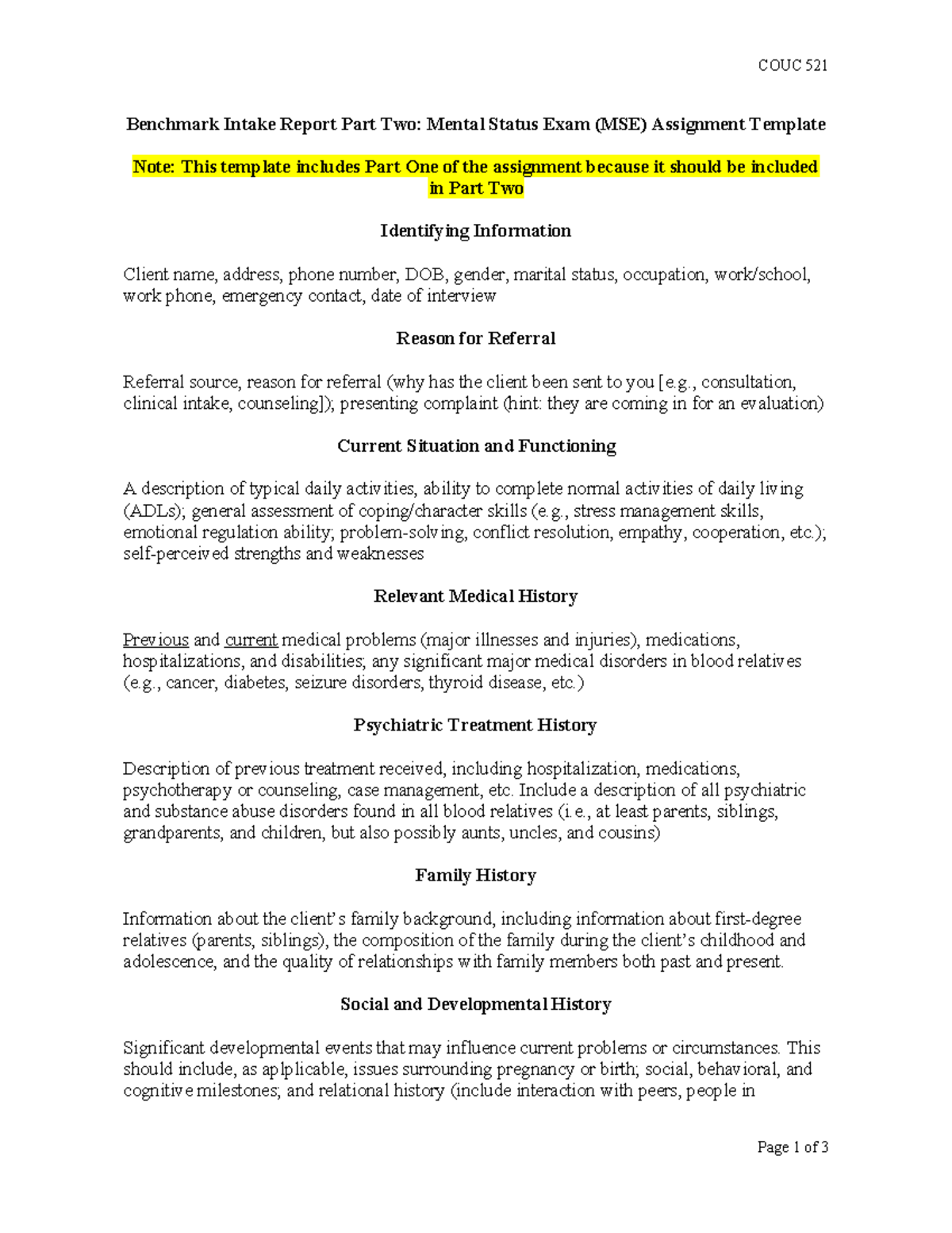 COUC 521 Benchmark Intake Report Part Two: MSE Assignment Guide - Studocu