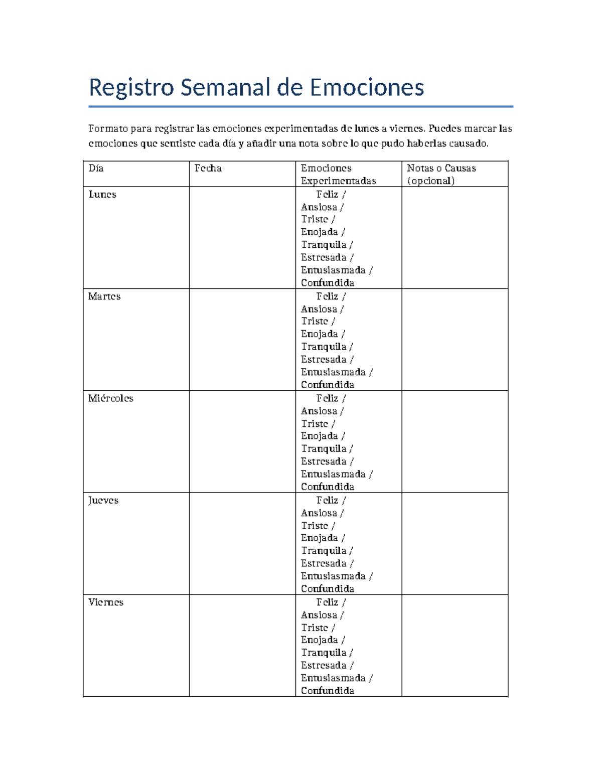 Registro Semanal de Emociones: Formato de Seguimiento - Studocu