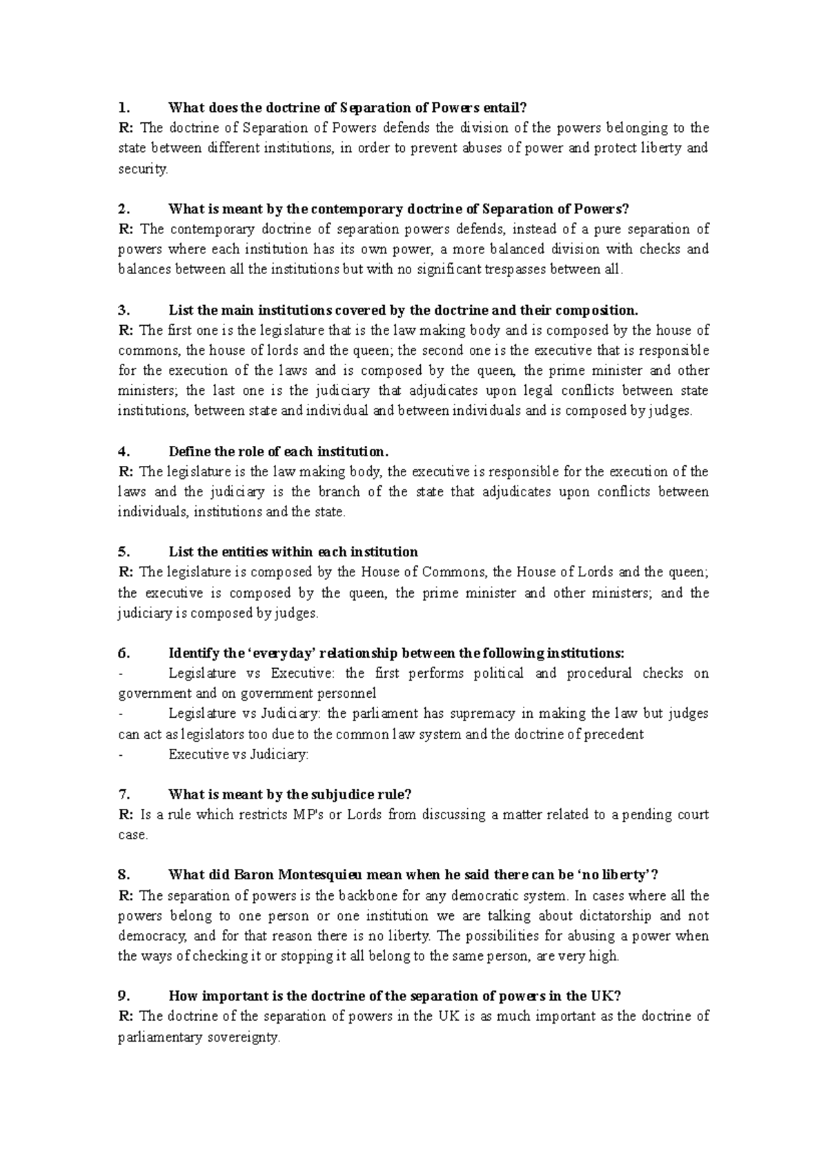 Separation of Powers: Key Concepts and Contemporary Relevance - Studocu