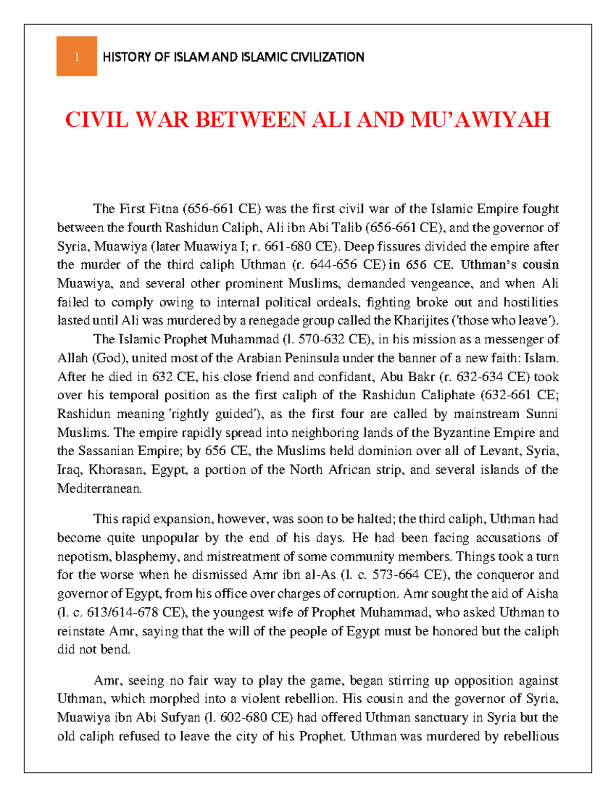 Civil War Analysis: The First Fitna (656-661 CE) - ALI & Mu’awiyah ...