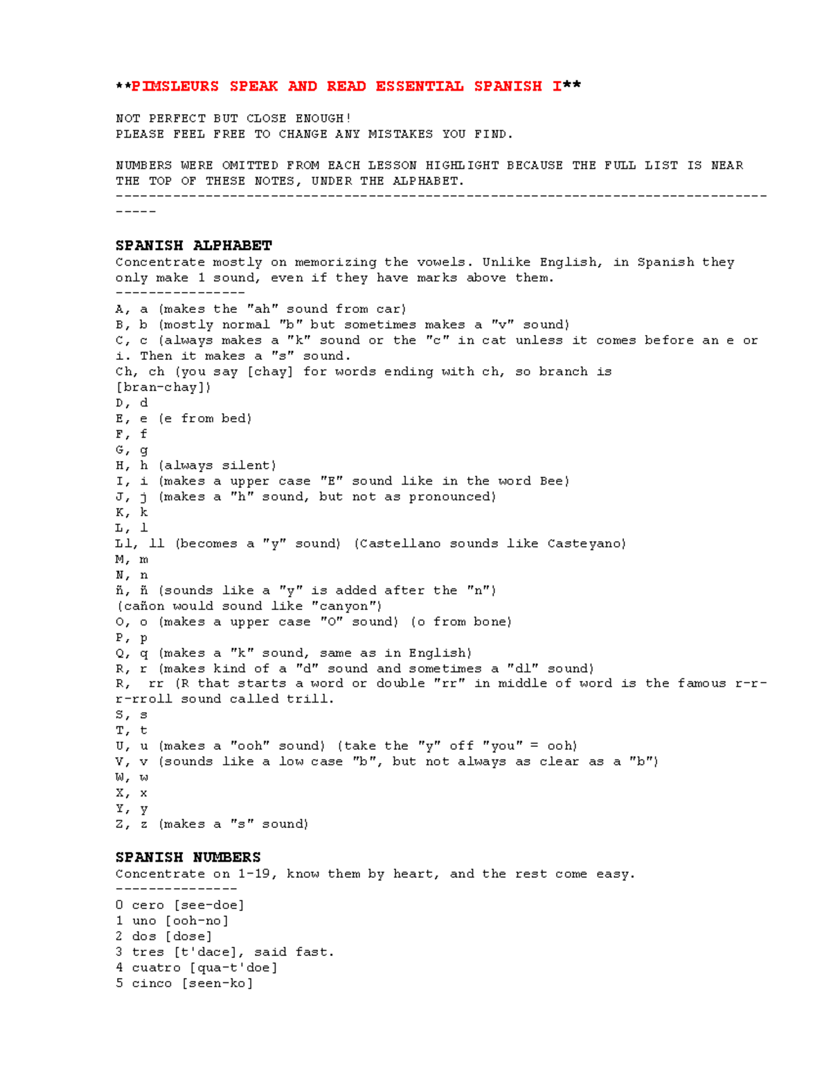 Pimsleur Spanish I - Essential Lessons 1-30 Study Notes - Studocu