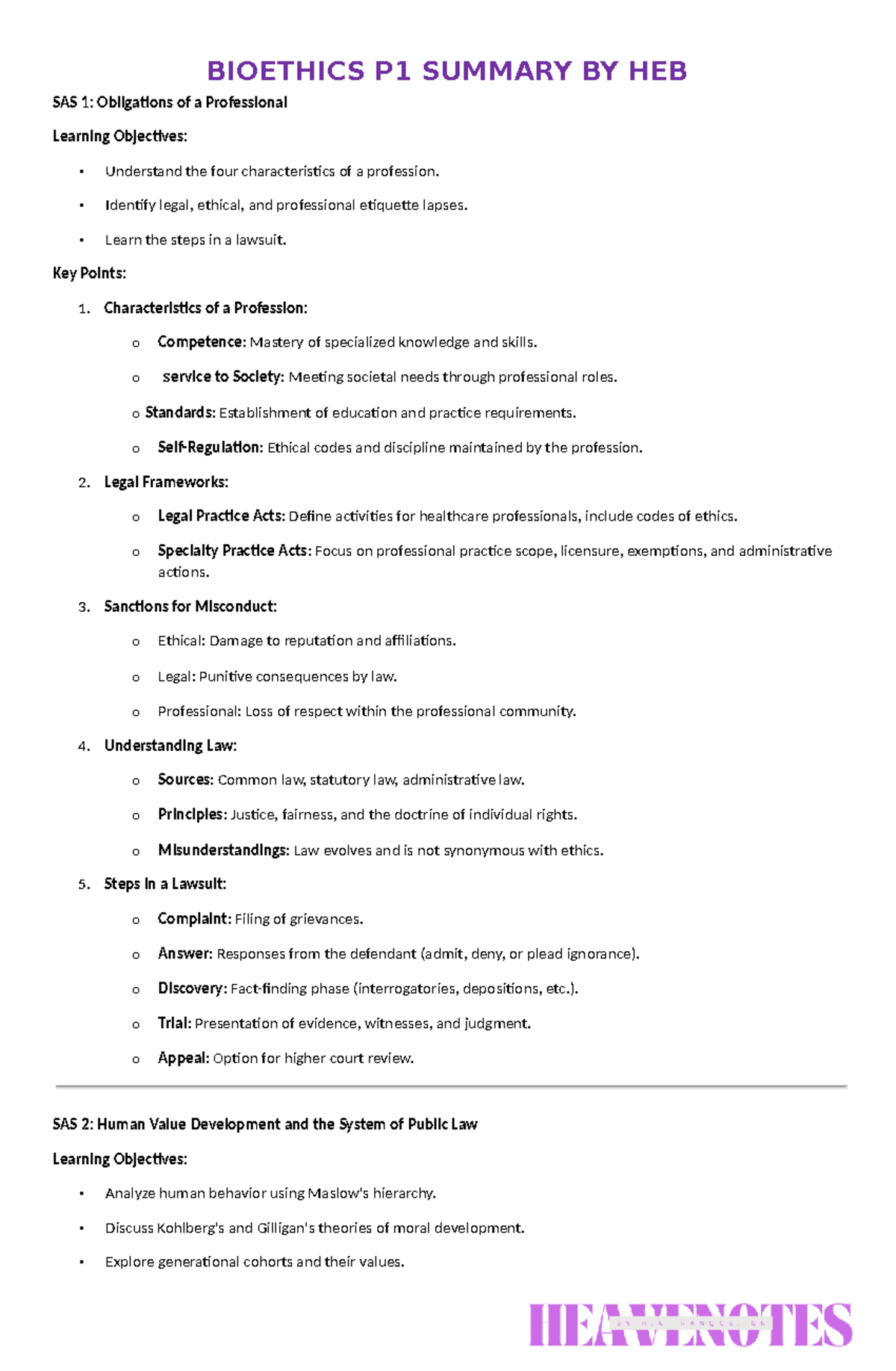 BIOETHICS P1: Summary of Professional Obligations and Ethical ...