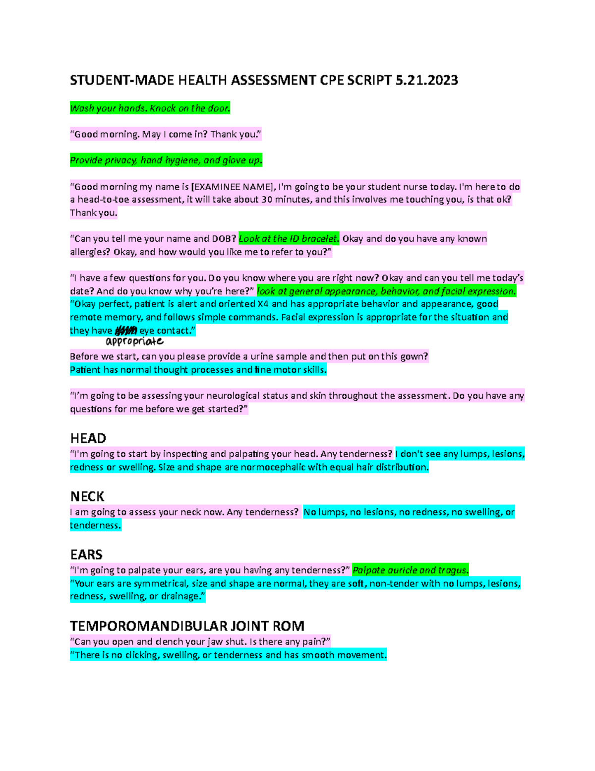 CPE notes scripts - STUDENT-MADE HEALTH ASSESSMENT CPE SCRIPT 5. Wash ...