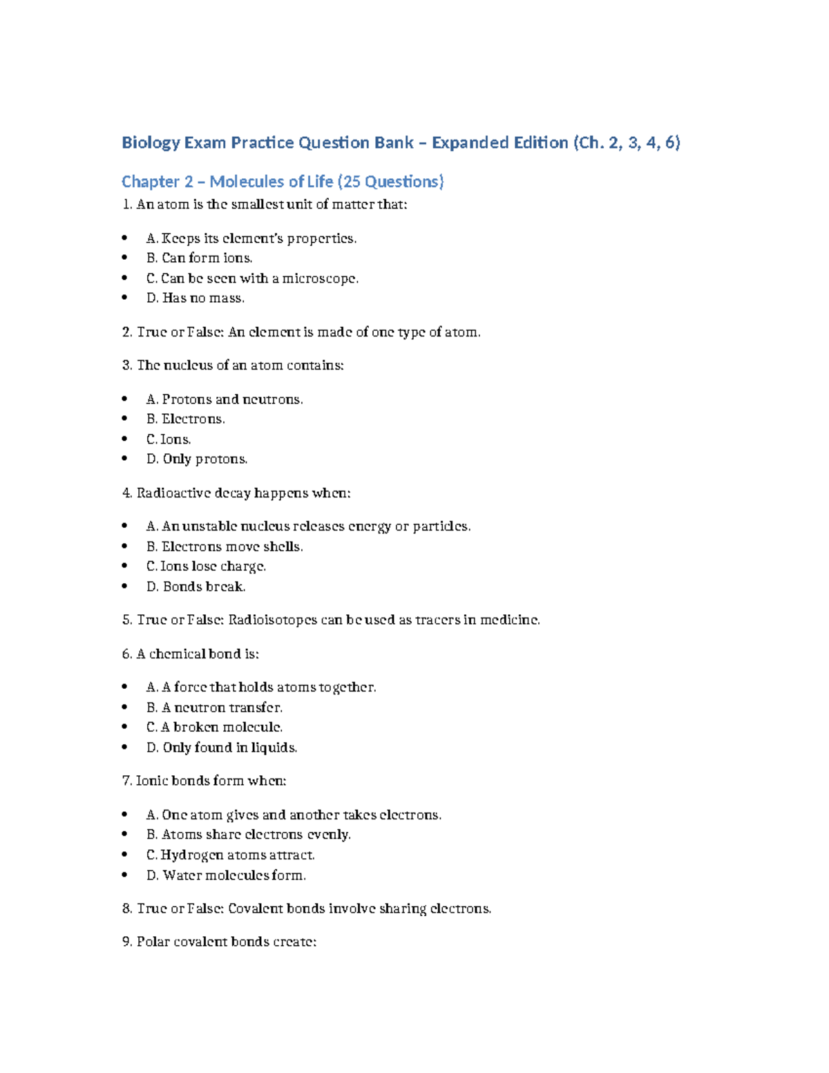 Biology Exam Practice Question Bank (Ch. 2, 3, 4, 6) Expanded Edition ...