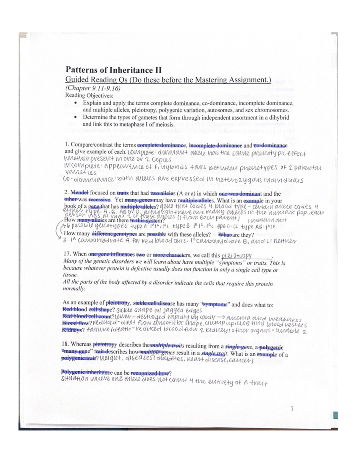 GRQ Patterns of Inheritance II - Patterns of Inheritance II Guided Reading Qs (Do these before ...