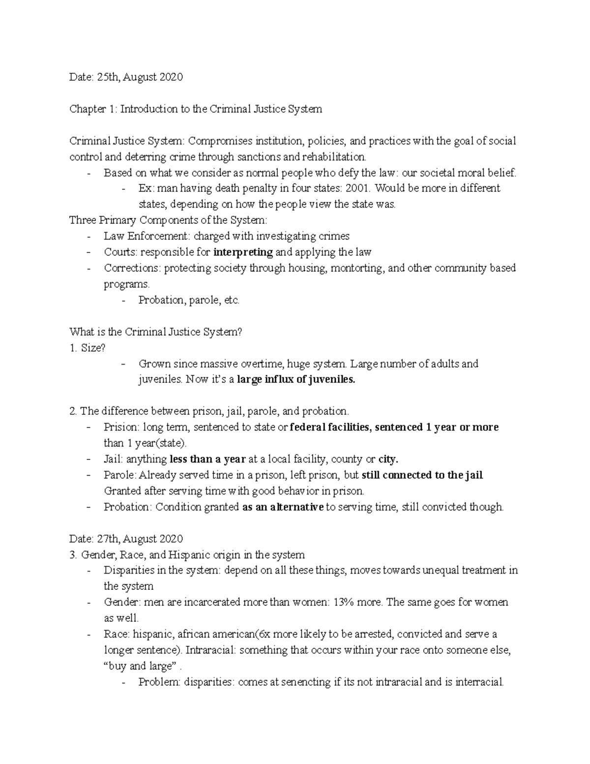 Criminal Justice Notes: Exam 1 Study Guide (CJS 101) - Studocu