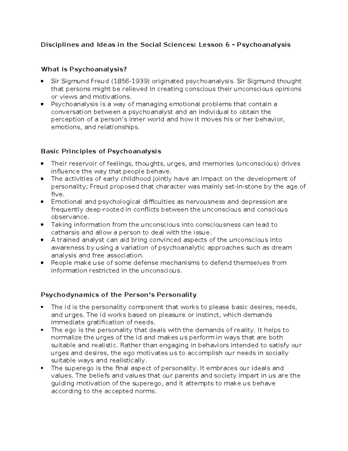 DISS - Lesson #6 - Understanding Psychoanalysis and Its Principles ...