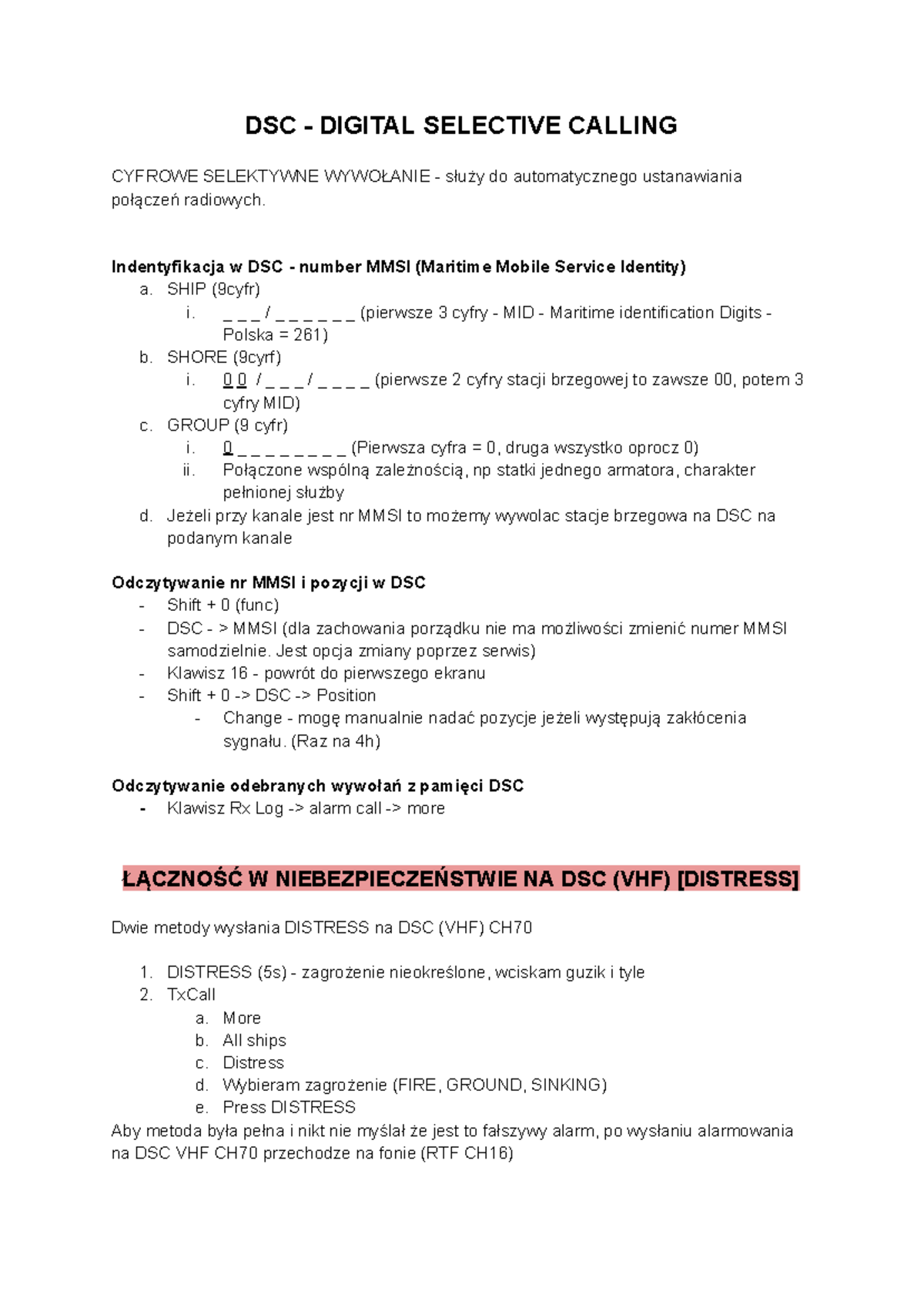 DSC VHF Communication Procedures and Distress Protocols - Studocu