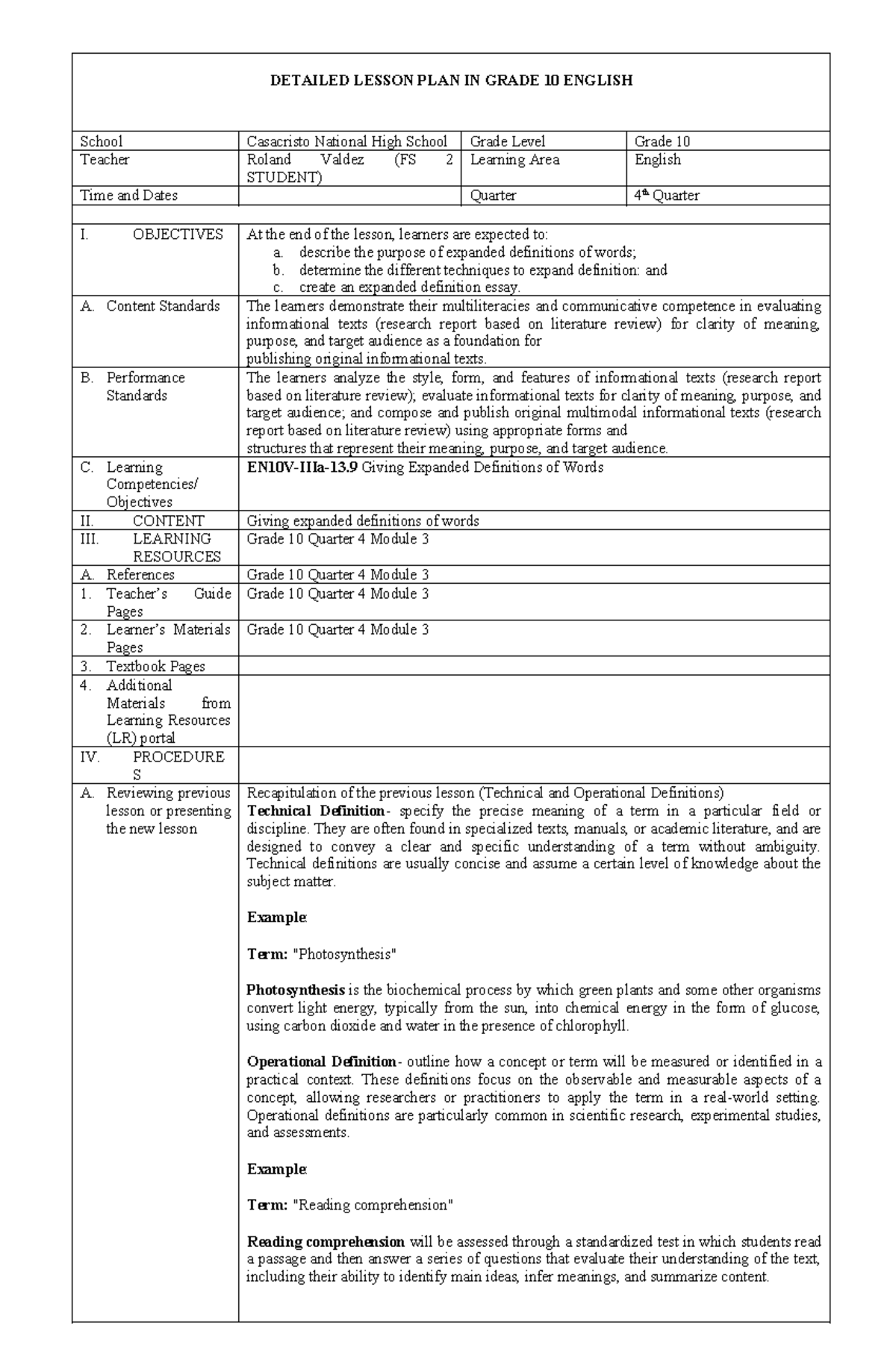 DLP ENG10 - Detailed Lesson Plan on Expanded Definitions for Grade 10 ...