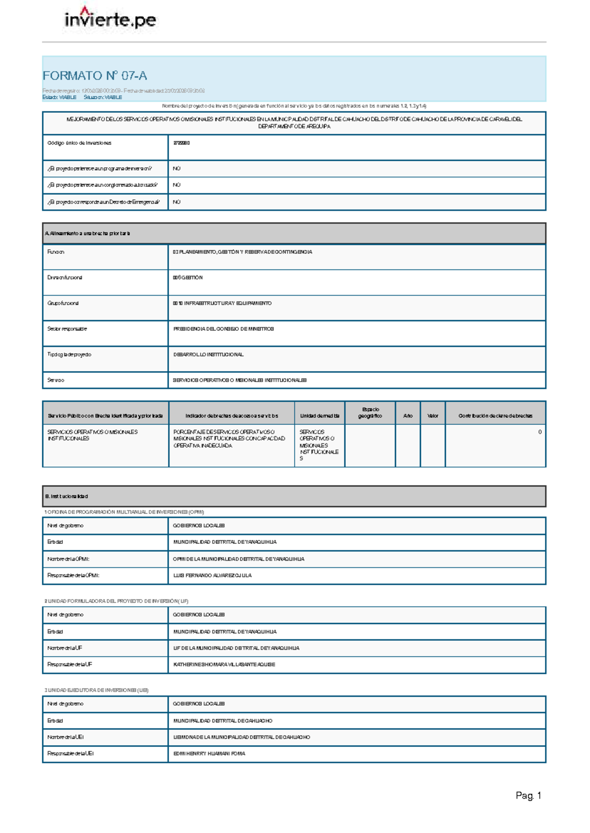 Cui 2729980 - Proyecto de Inversión para Mejoramiento de Servicios en ...