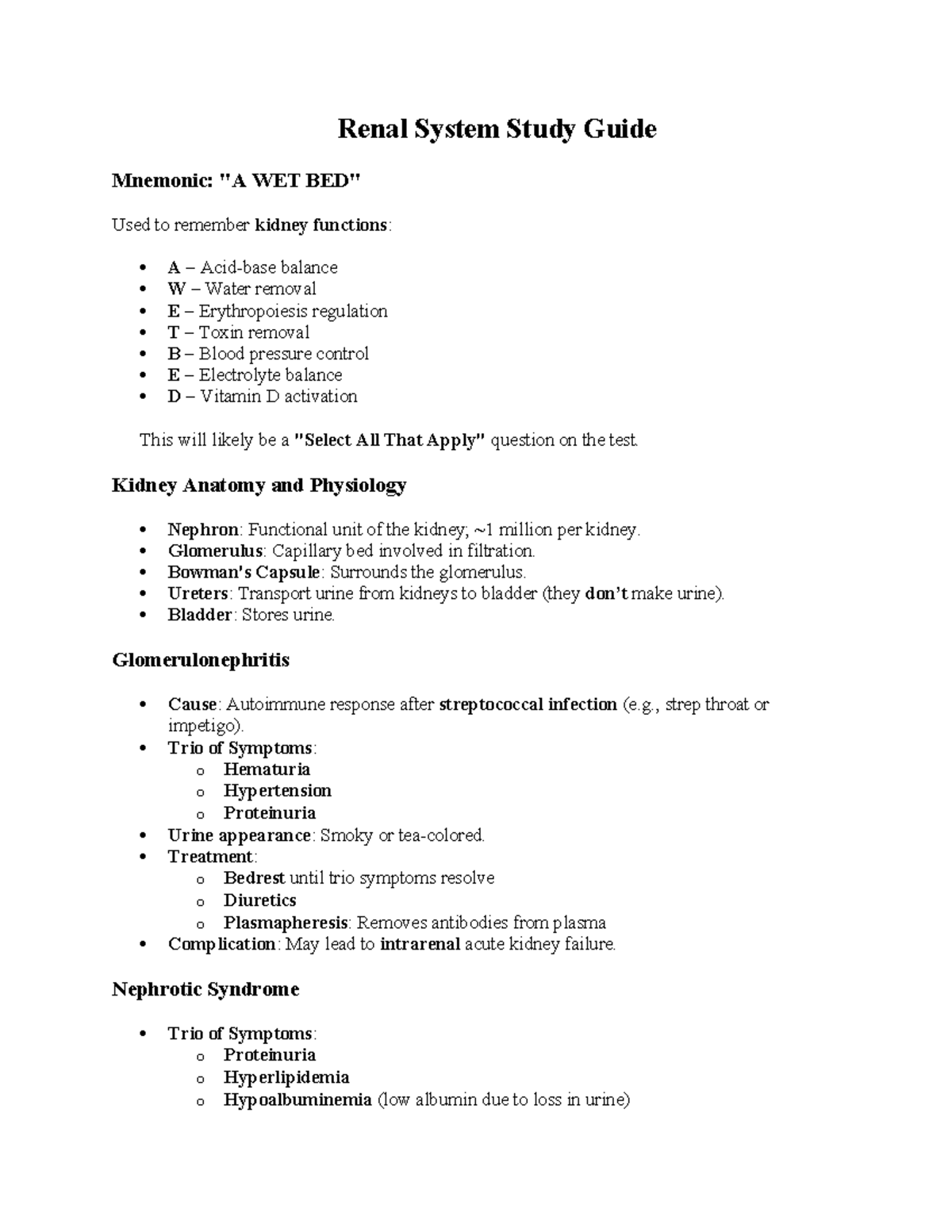 Renal System Study Guide (NURS 101): Key Concepts & Mnemonics - Studocu