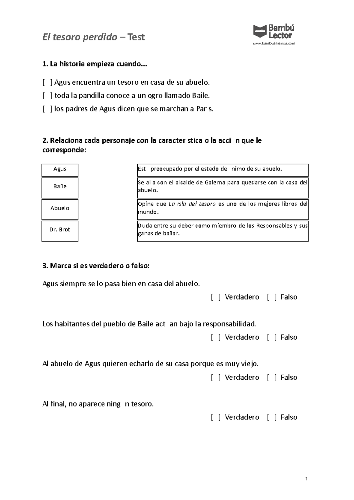Test 1 de Lectura: El Tesoro Perdido y sus Personajes - Studocu