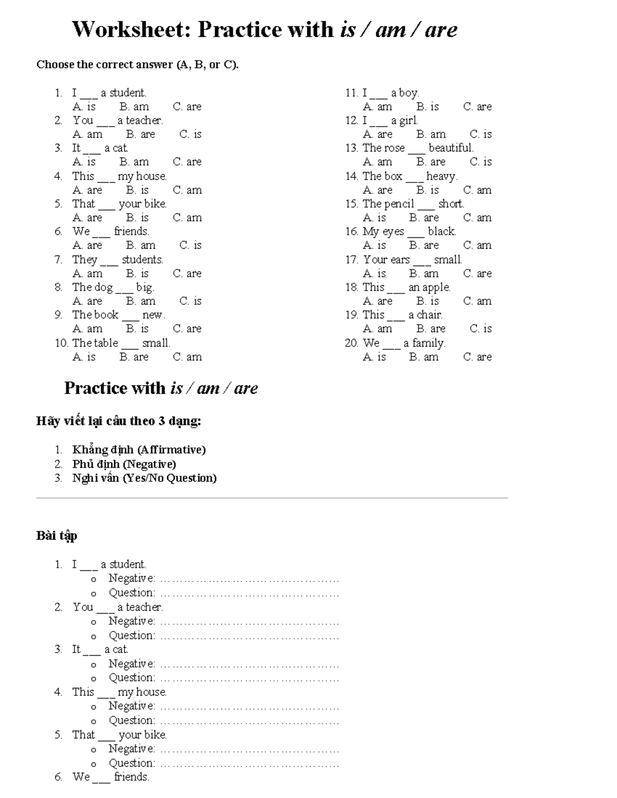 Worksheet: Practice with is, am, are - Grammar Exercises - Studocu