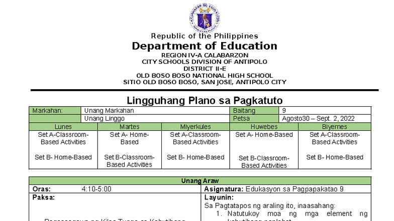 Lingguhang Plano sa Pagkatuto: Edukasyon sa Pagpapakatao 9 - Unang Markahan - Studocu