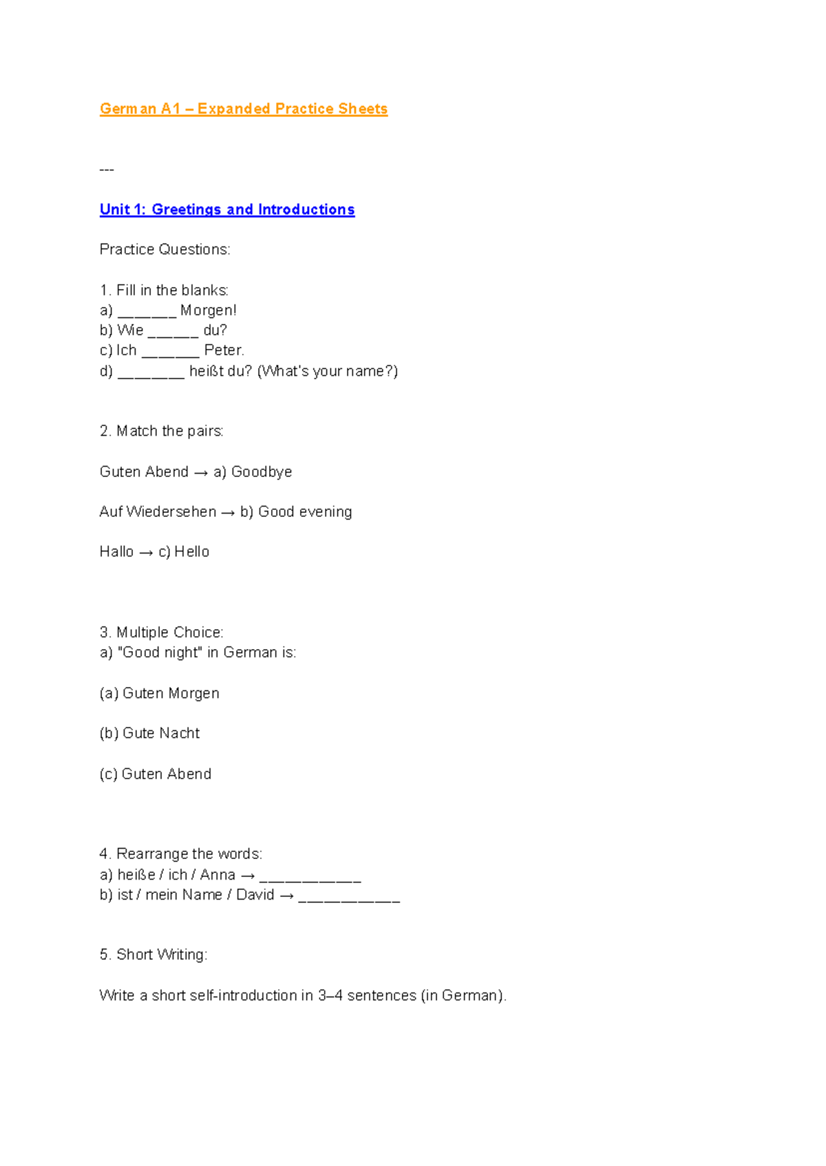 German A1 – Comprehensive Practice Sheets by Narender Singh - Studocu
