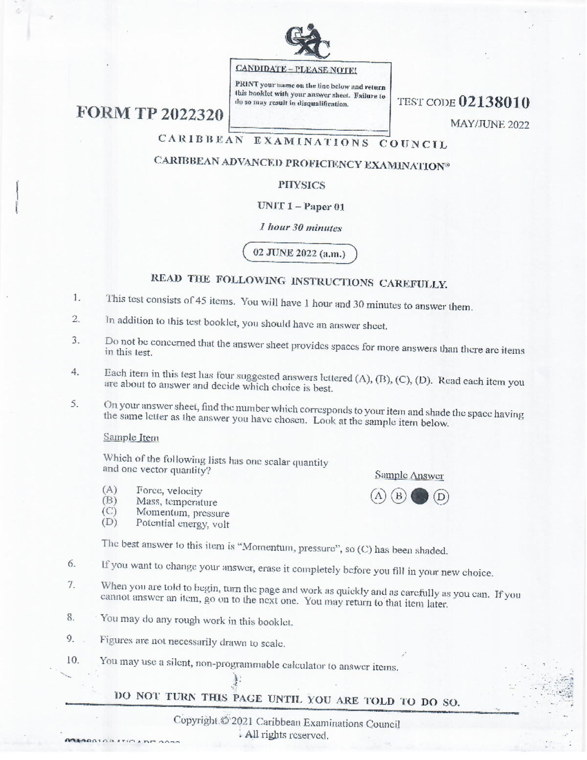 Physics CAPE Unit 1 Paper 1 Examination - June 2022 Instructions ...