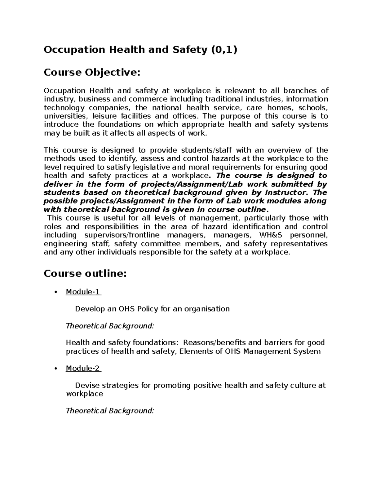 Occupational Health and Safety (OHS 0,1) Course Overview and Objectives ...
