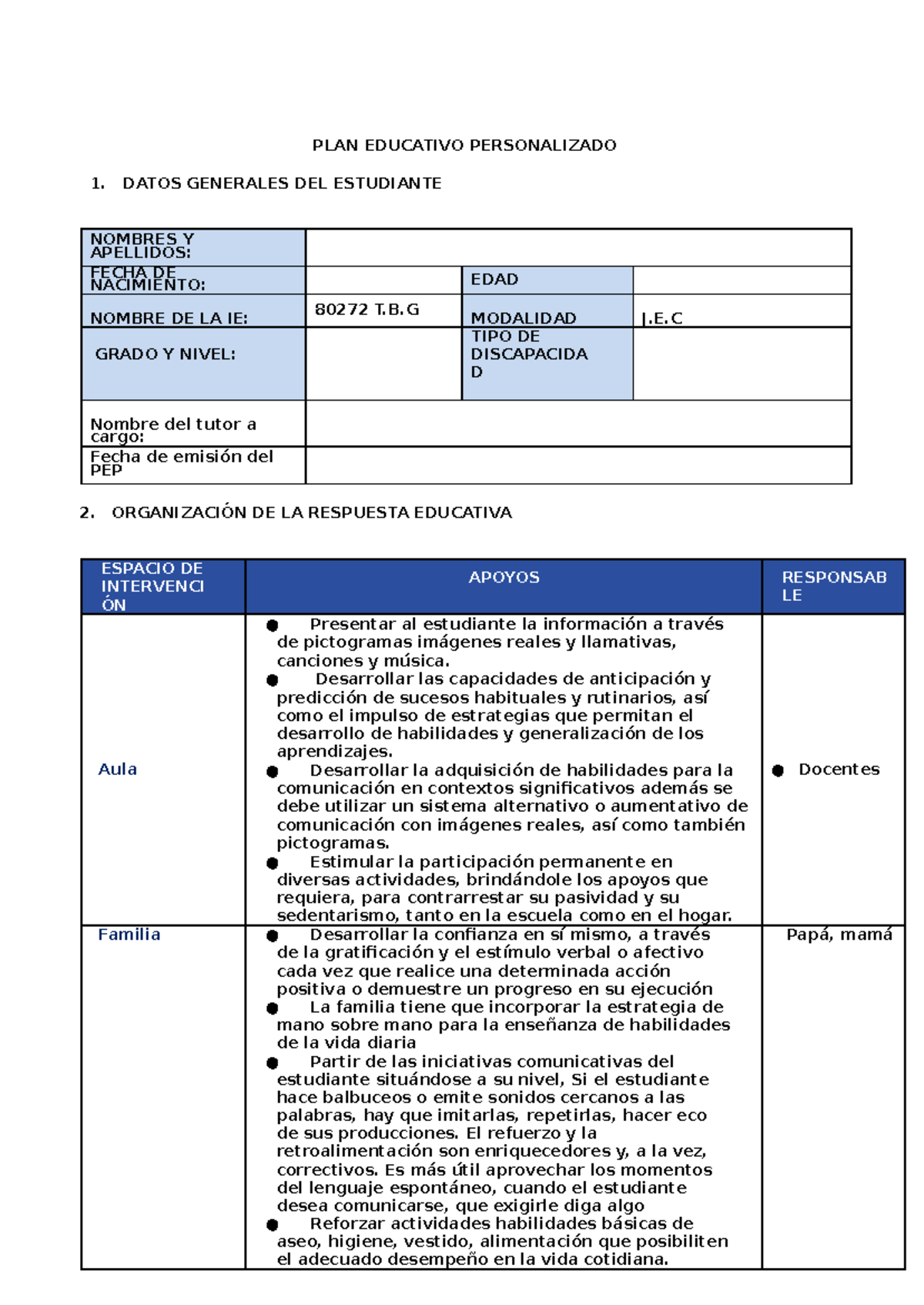 Modelo de PEP - Plan Educativo Personalizado para Estudiantes con ...