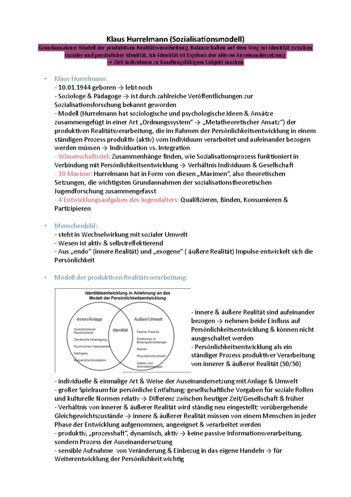 Klaus Hurrellmann - zusammenfassung - Modell der produktiven ...